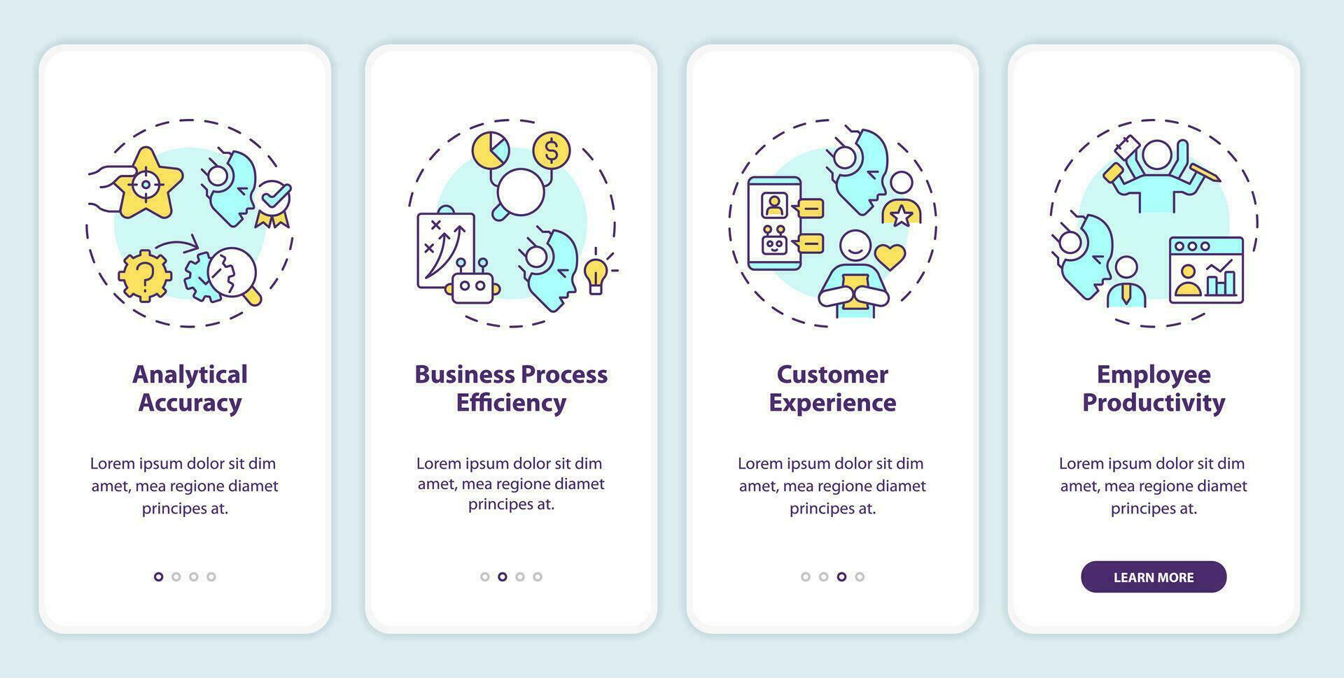 2d Icons Representing Cognitive Computing Advantages Mobile App Screen Set Walkthrough 4 Steps