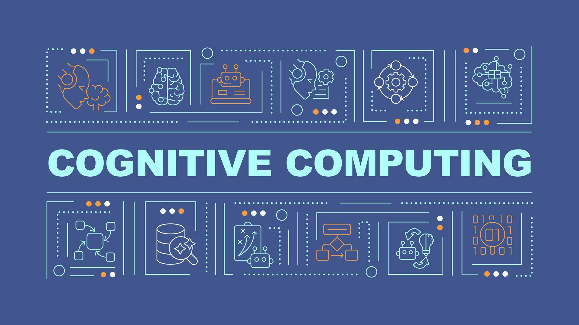 2D cognitive computing text with various creative thin linear icons concept on dark blue ...