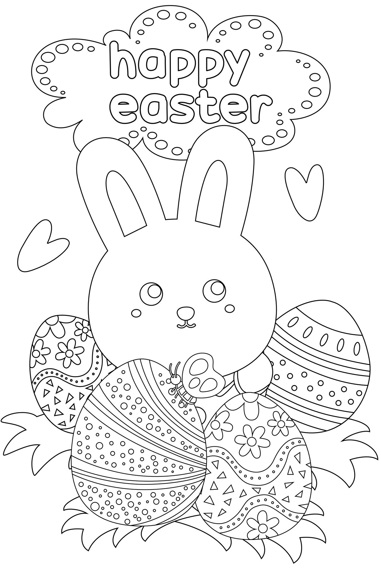 Easter cute kawaii Bunny with Decorative Eggs coloring page for little ...