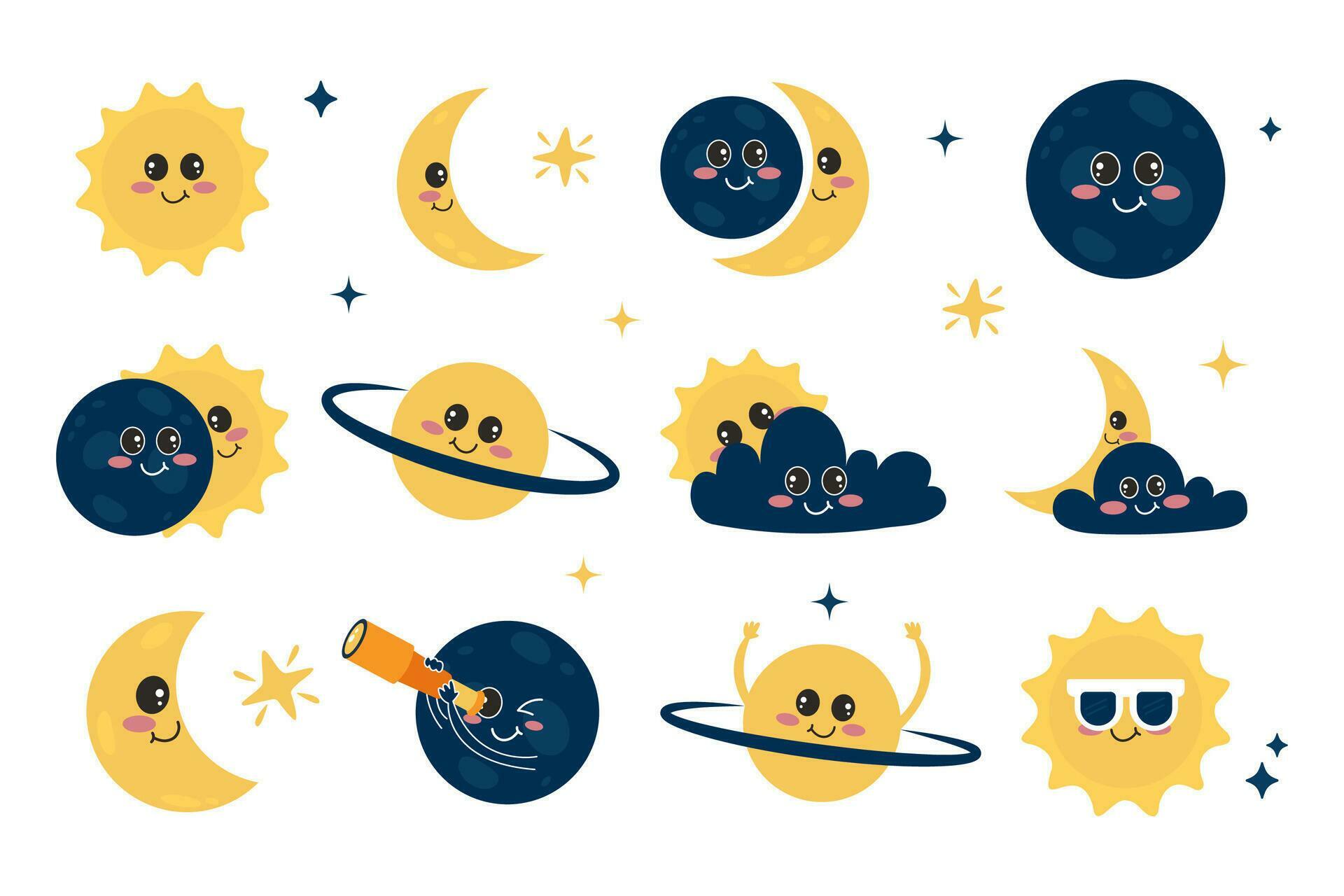 Set of kawaii solar eclipse elements in flat cartoon style 36234240 ...