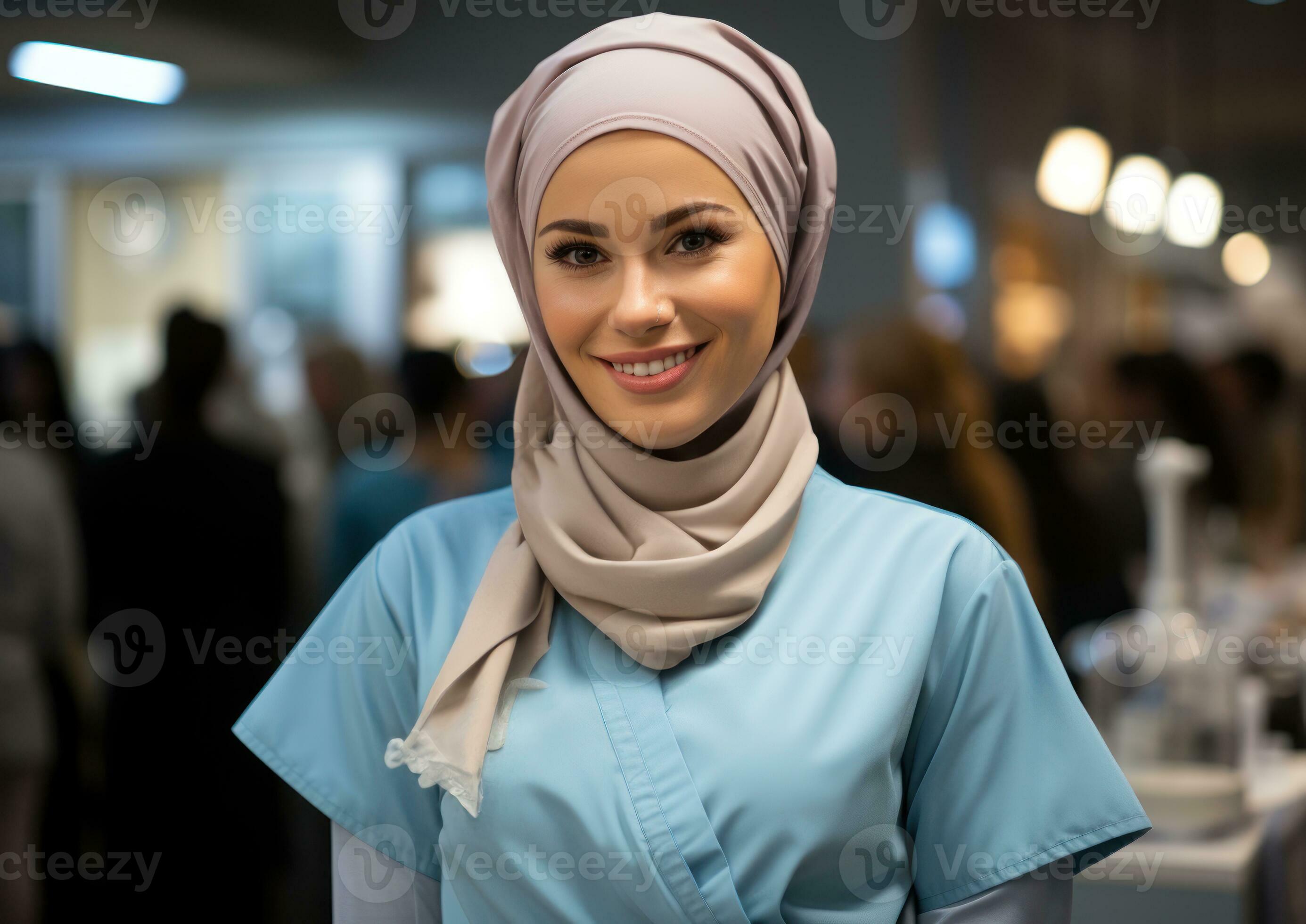 AI generated Smiling muslim nurse crosses arms in confidence and compassion, islamic images ...
