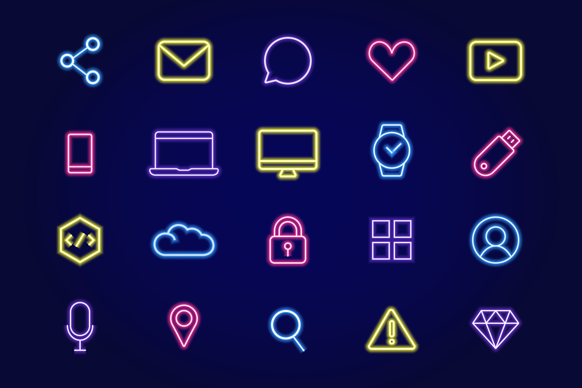 Collection of neon icons on the theme of IT- sphere. Technology and ...