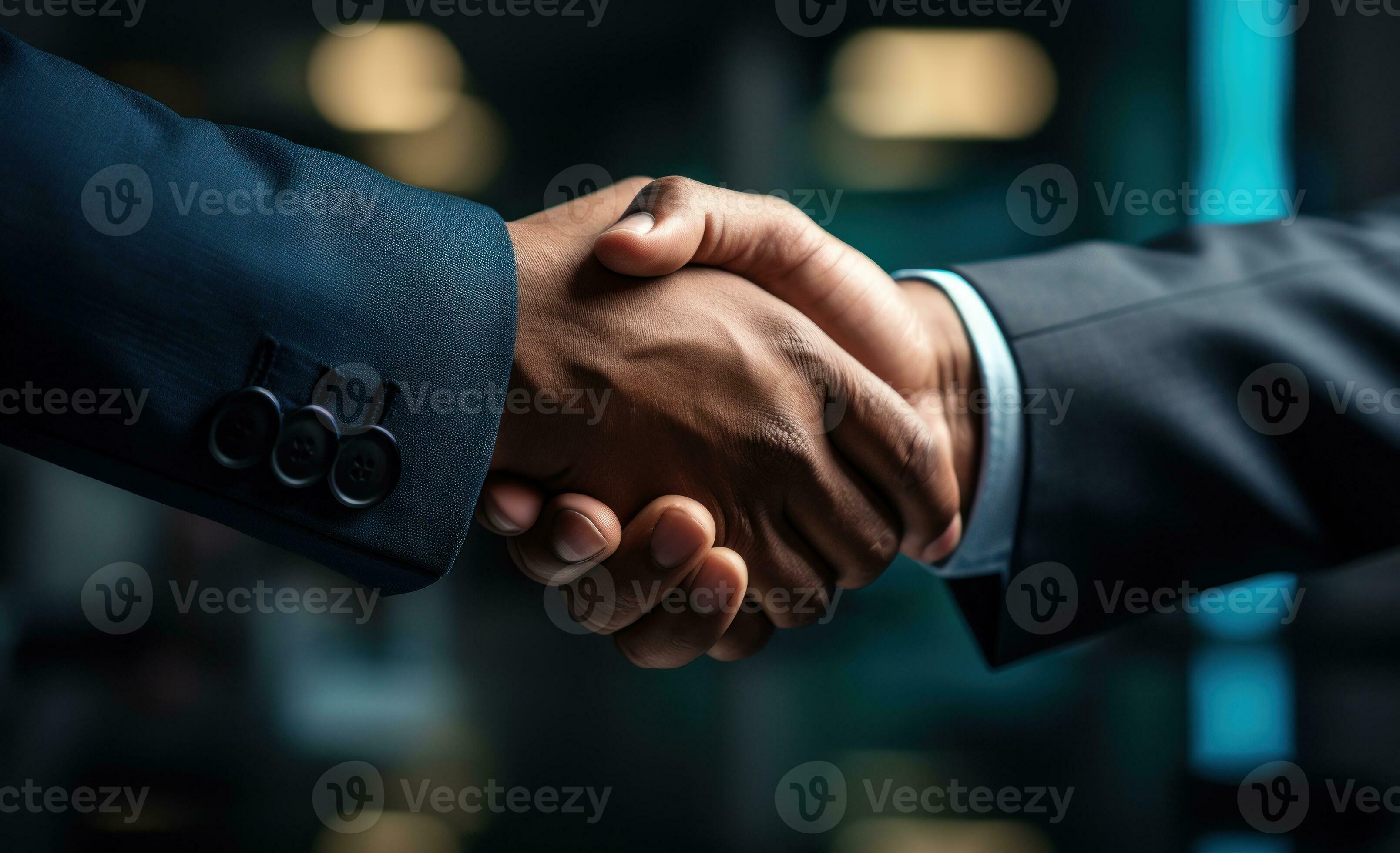 AI generated Business collaboration as two partners shake hands finalizing a successful ...