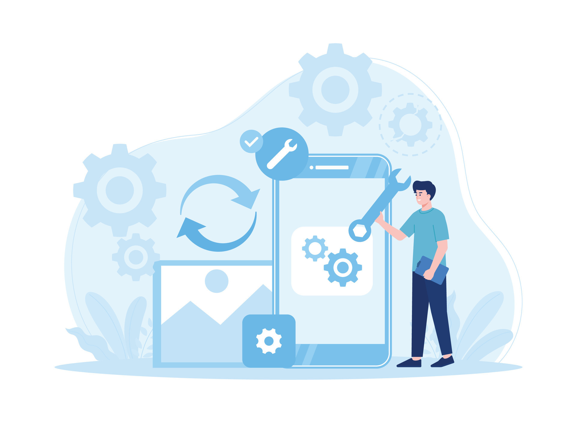 man with synchronization concept device on mobile phone concept flat ...