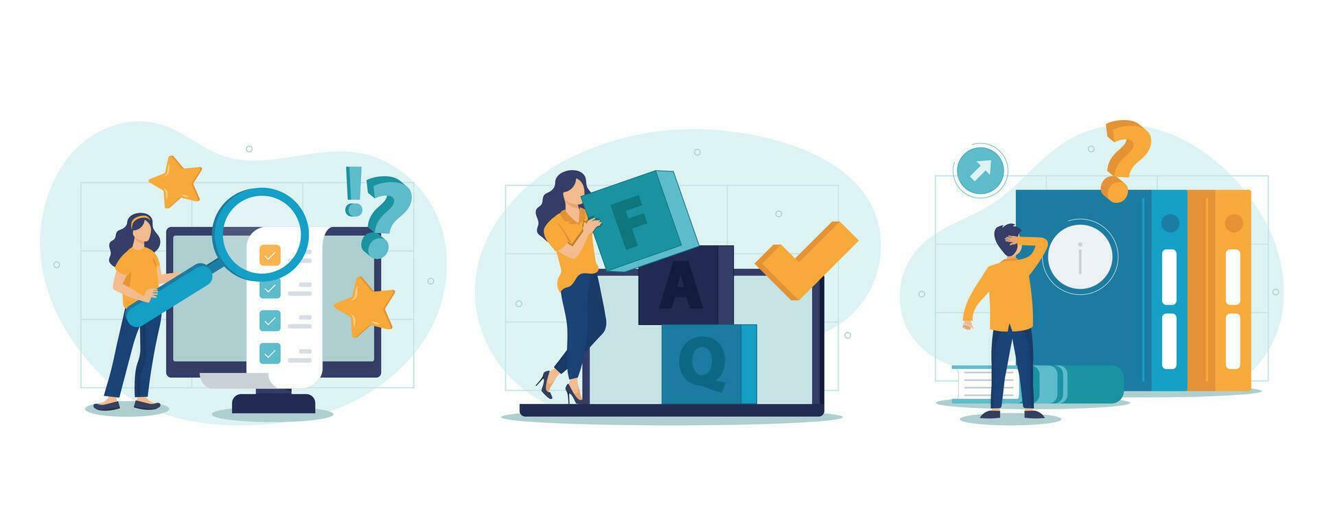 Frequency Asked Questions And Helpdesk Illustration Set Characters Contacting With Helpdesk