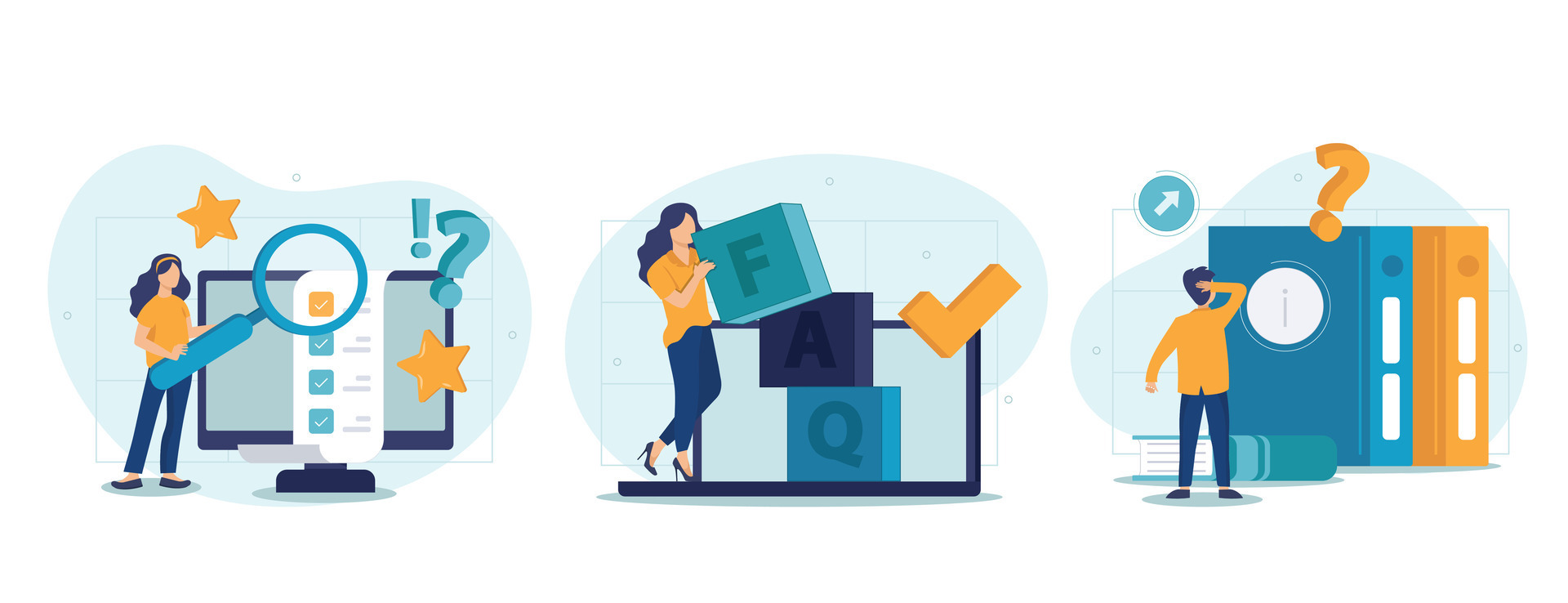 Frequency Asked Questions And Helpdesk Illustration Set Characters Contacting With Helpdesk