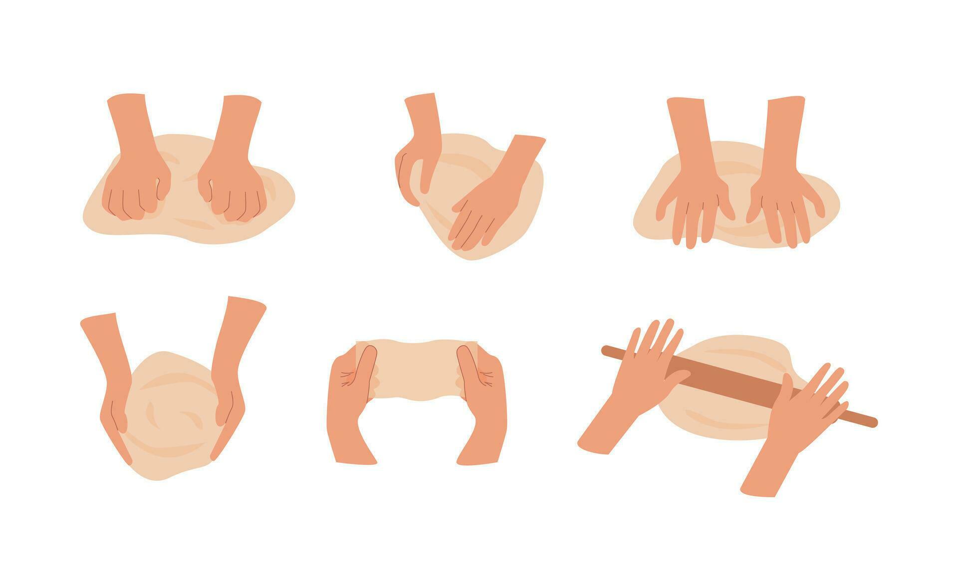 Set of kneading dough hands. Homemade bakery. Making sourdough bread. Instruction for baking ...