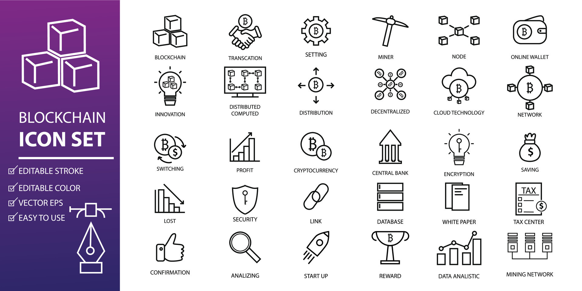 Technology icon set. Editable stroke outline crypto blockchain simple ...