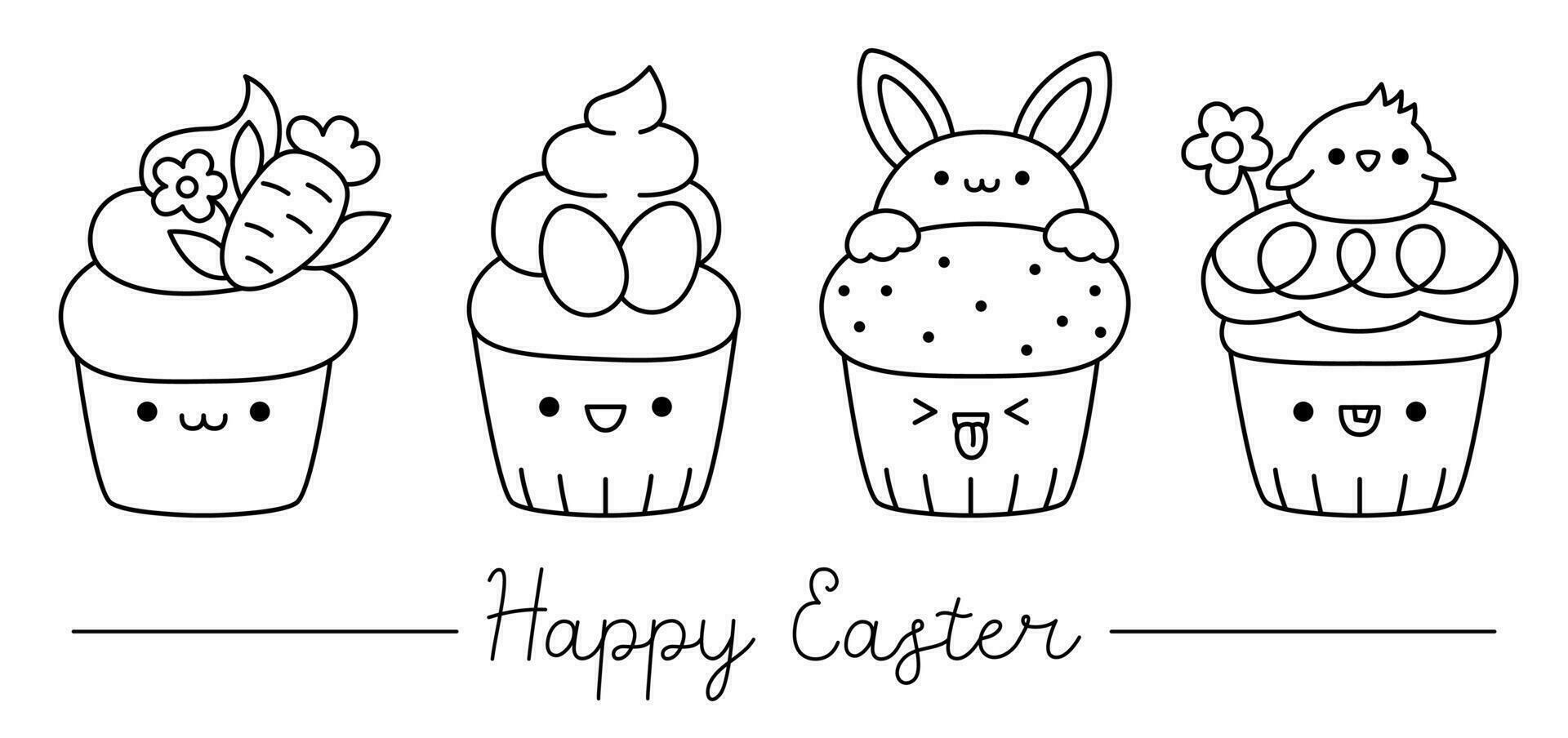 Vector black and white Easter cupcakes set for kids. Cute kawaii line ...