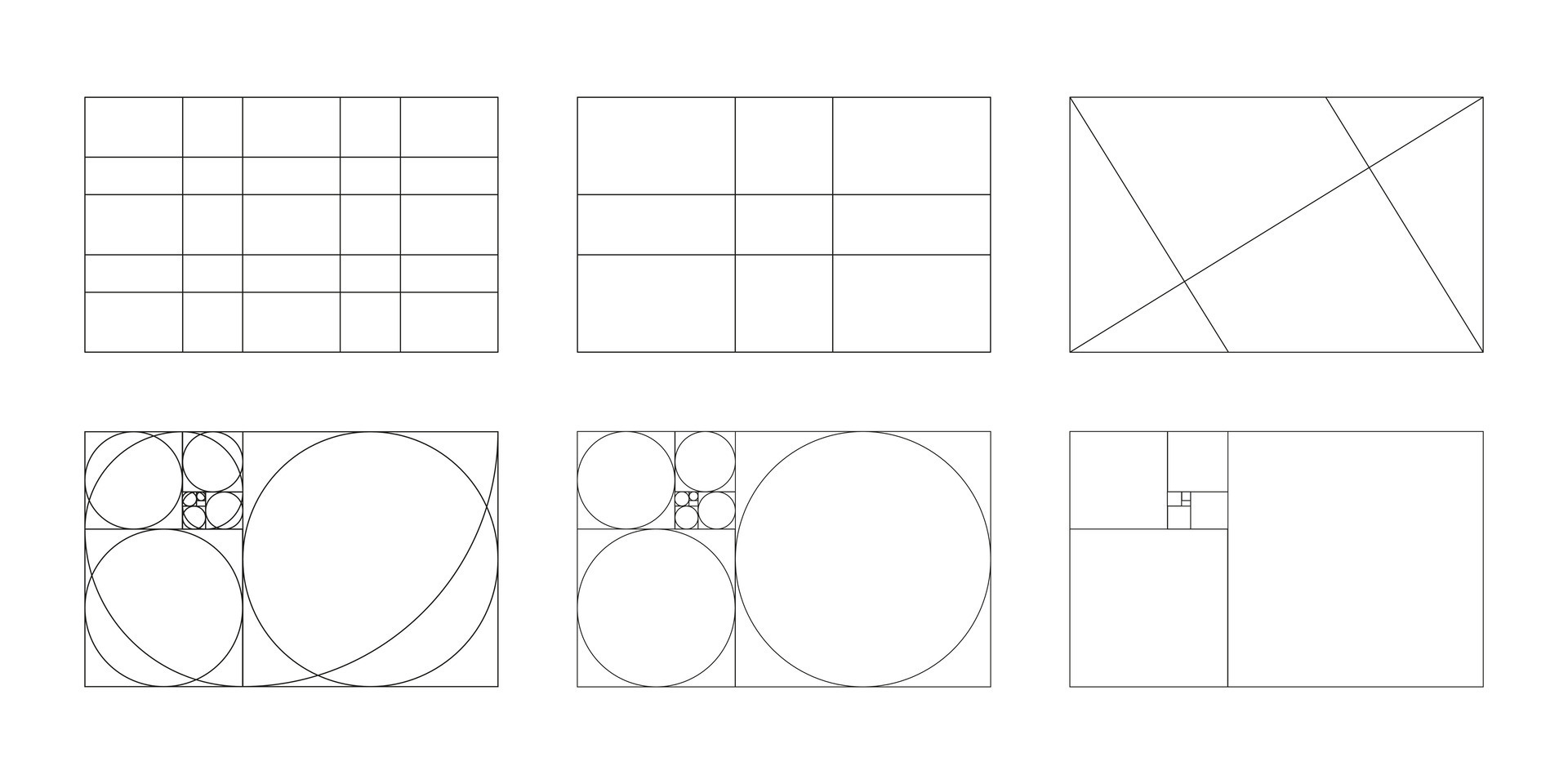Golden ratio template set. Method golden section grids. Fibonacci array, numbers icons. Harmony ...