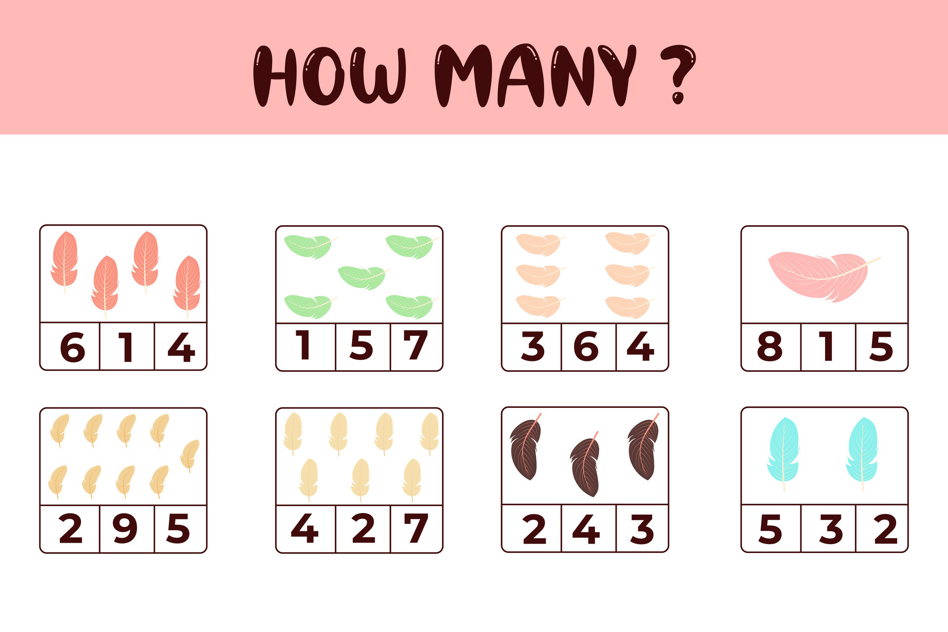 How many feathers Educational math game. Count the number of feathers ...
