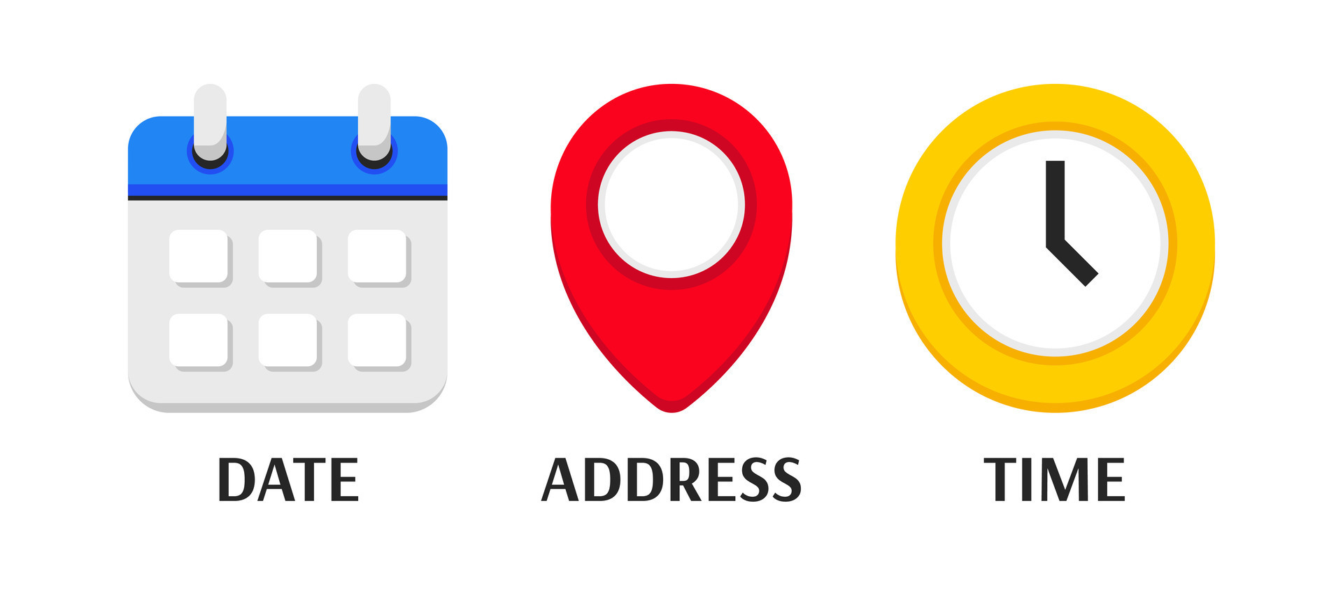 Date, time, address symbol. Date, time, location pointer icon in ... Date, time, address symbol. Date, time, location pointer icon in ...