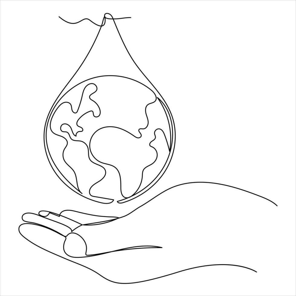 Single Line Continuous Drawing Earth Water Drop And Concept World Water
