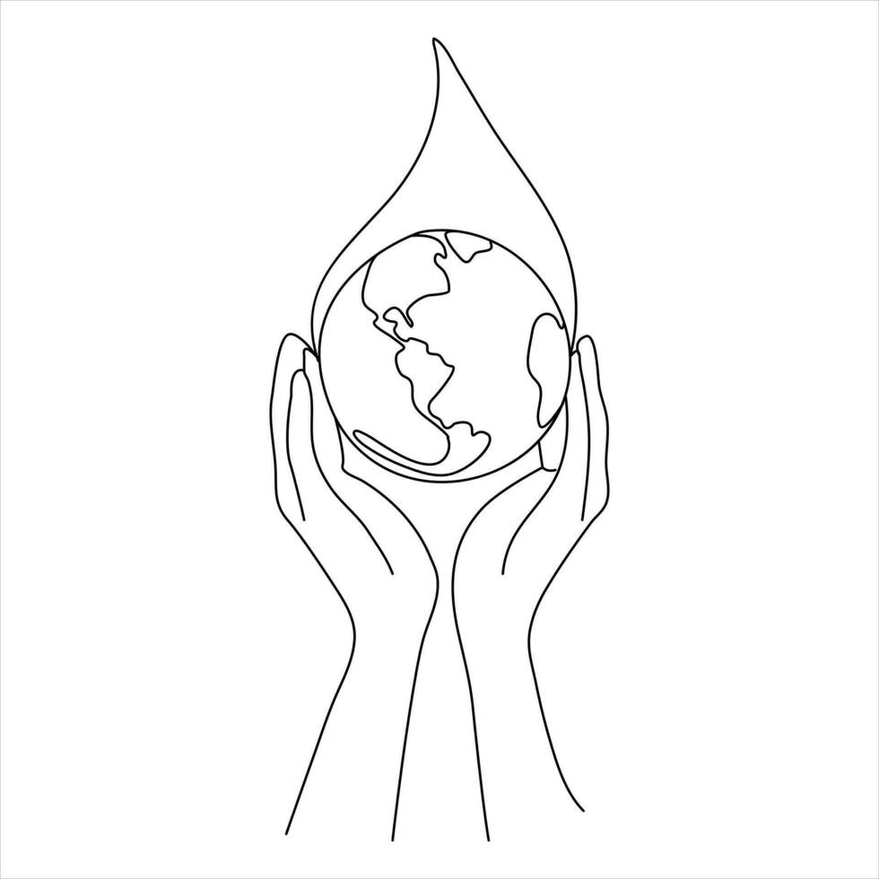 Single Line Continuous Drawing Earth Water Drop And Concept World Water