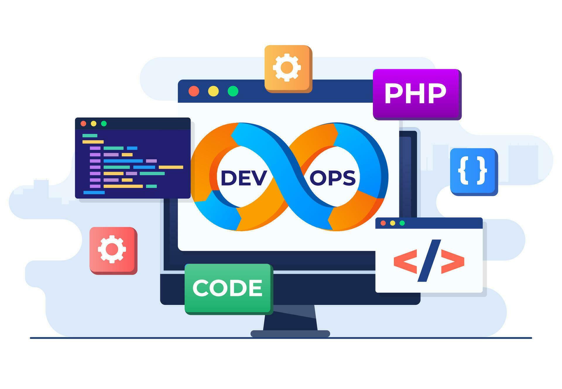 DevOps concept flat vector illustration, Software development and IT operation process ...