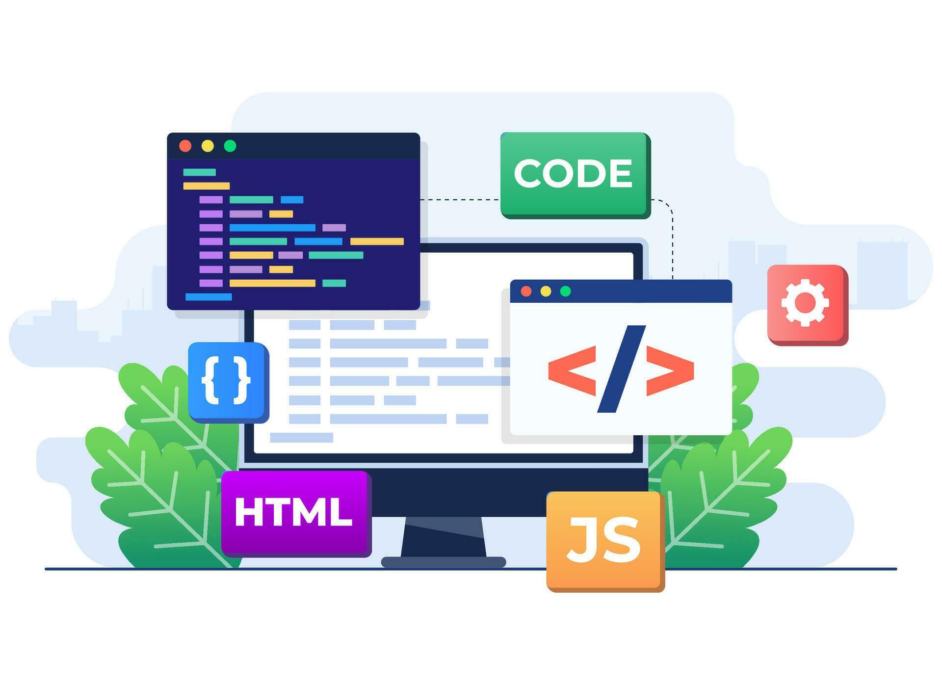 web desarrollo concepto plano ilustración vector plantilla, web diseño, computadora programación ...