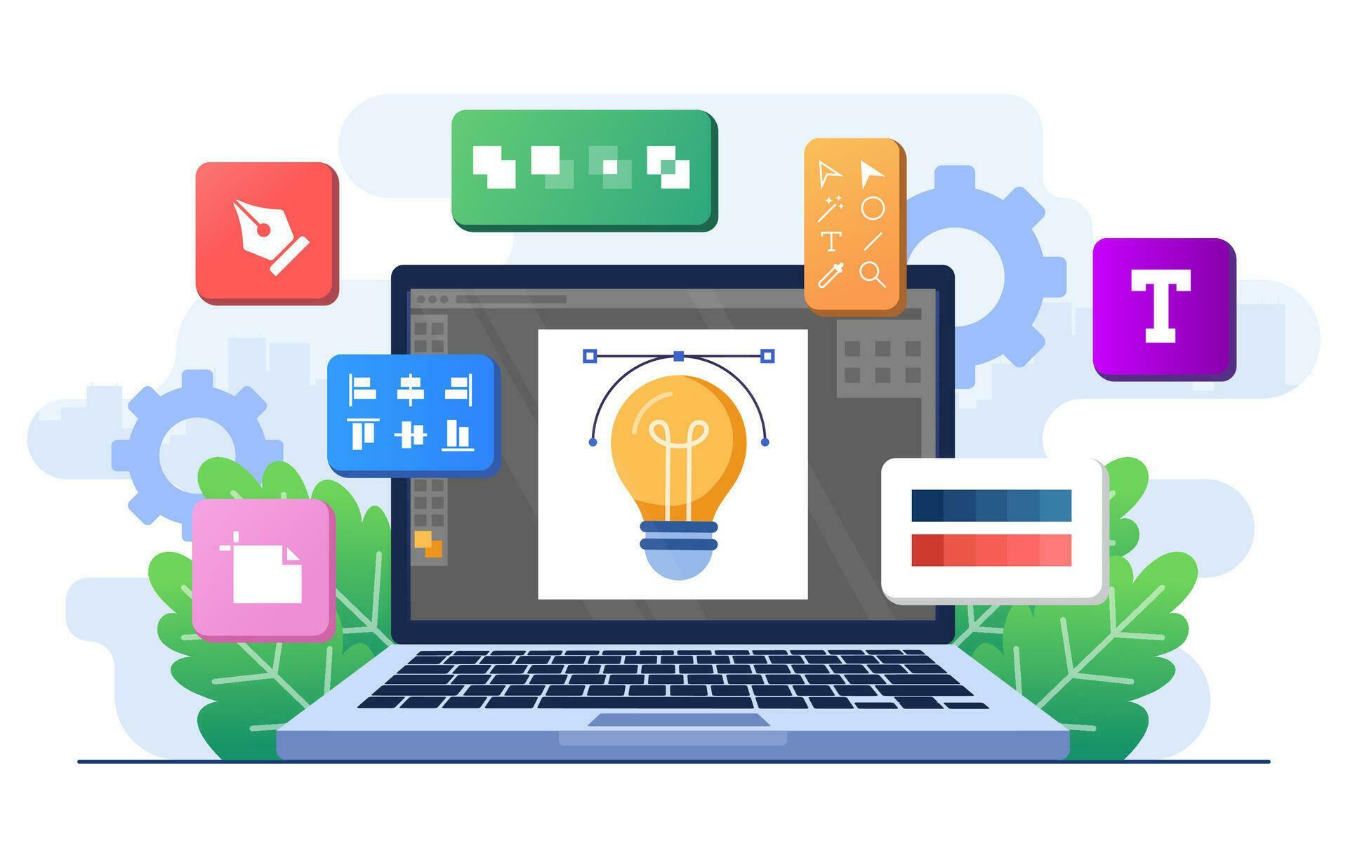 Graphic design software application on laptop screen flat illustration ...