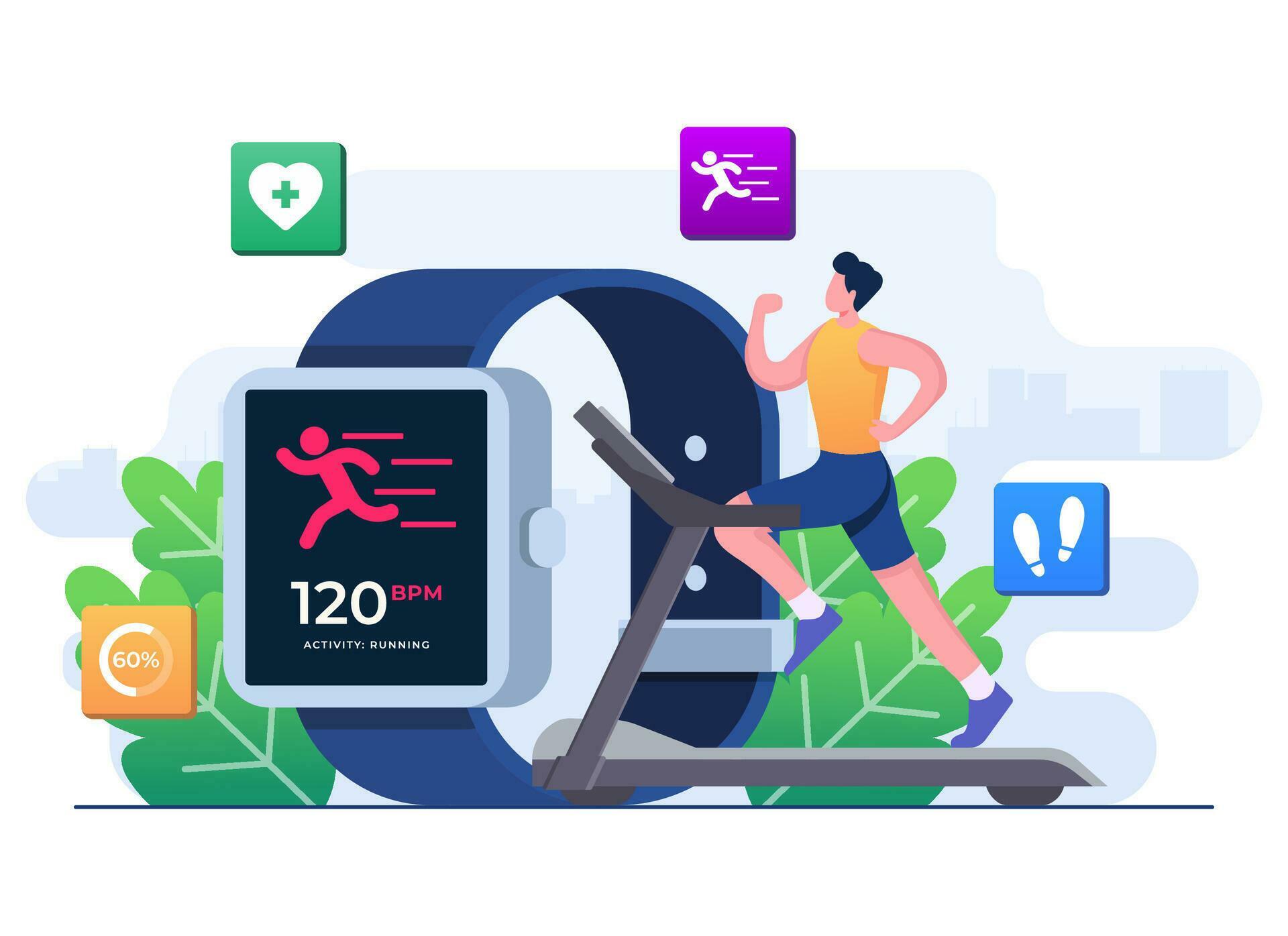 Male character running on a treadmill, Smartwatch health tracker, Smart ...