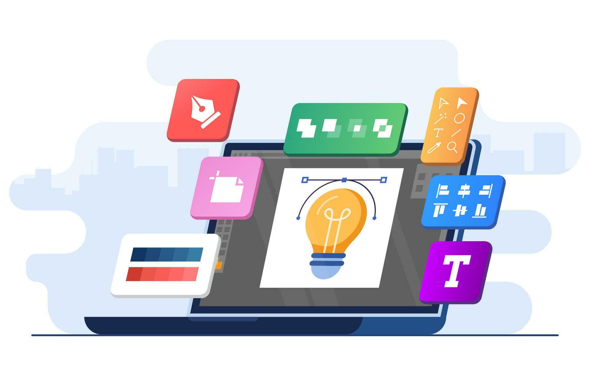 Graphic design software application on laptop screen flat illustration ...