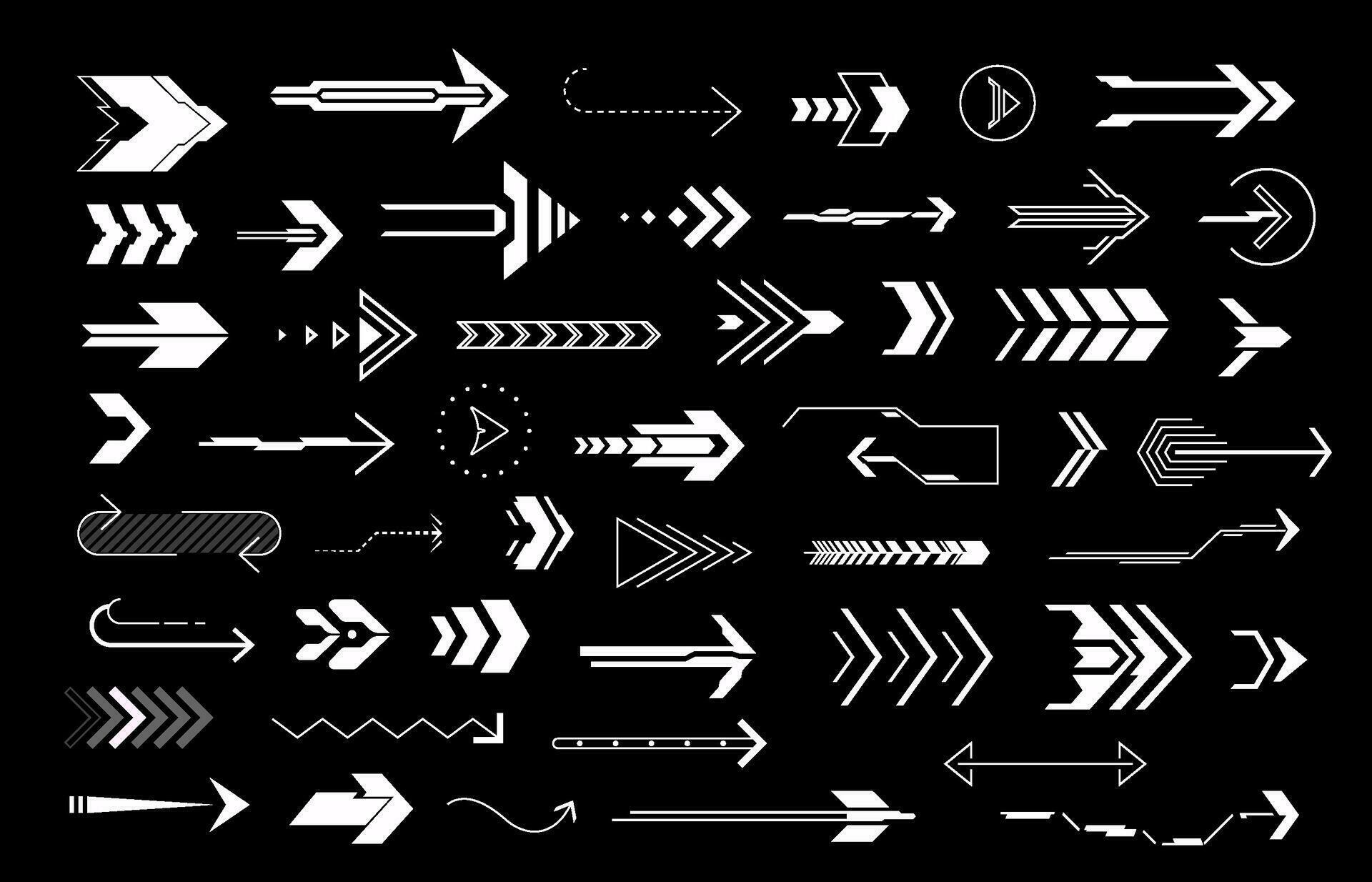 Set of vector arrows in cyberpunk style. HUD, UI graphic elements. Sci ...