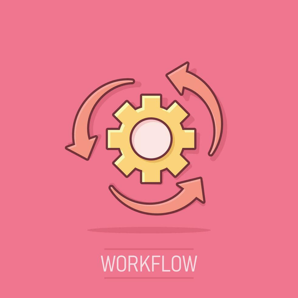 Workflow process icon in comic style. Gear cog wheel with arrows vector ...