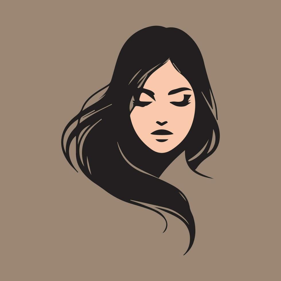 Beautiful girl with long hair. Vector illustration on a brown ...