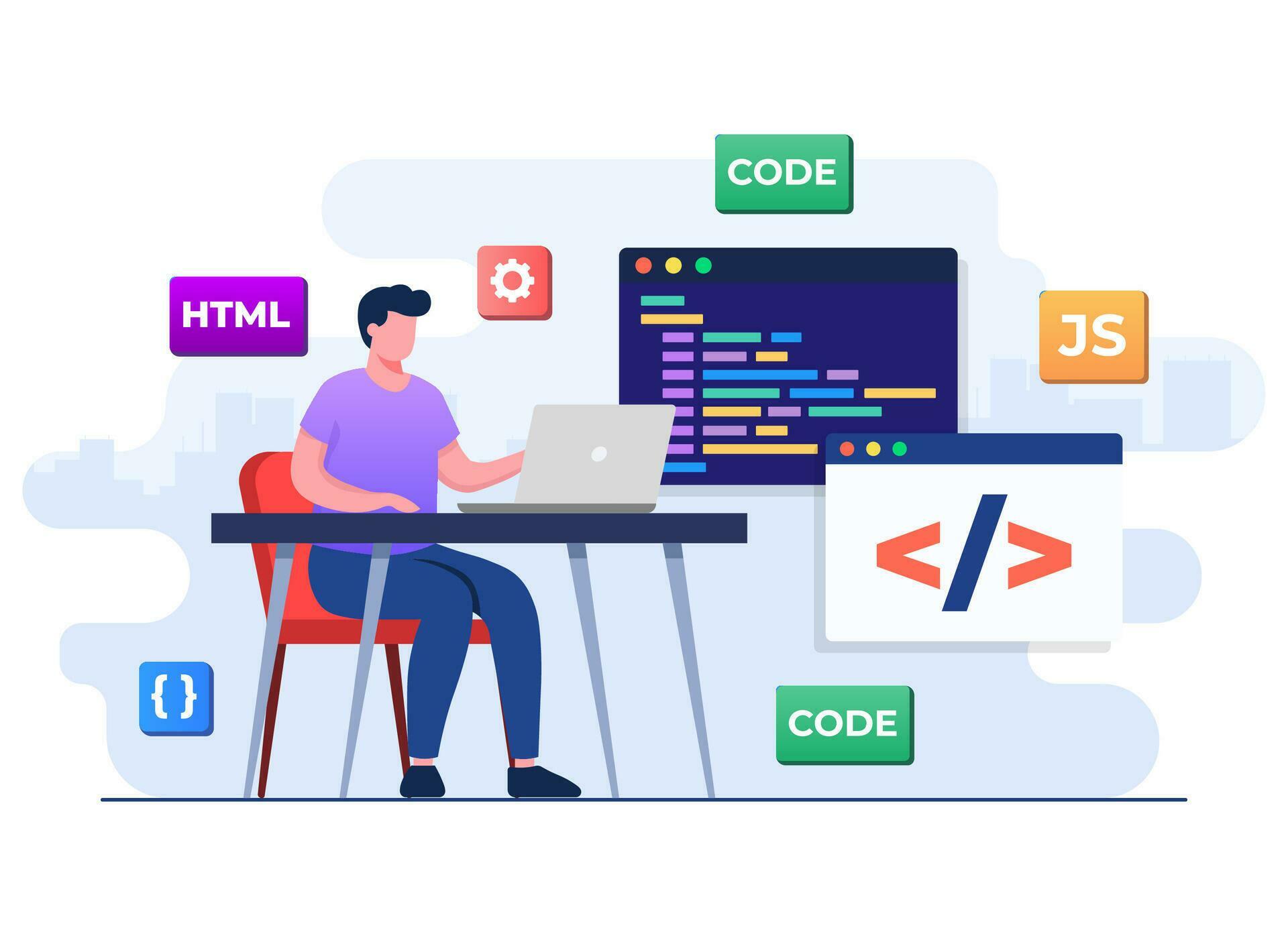 Web Developer Wiring Code Or Program Using Laptop Computer Programming Java Html Symbols Web