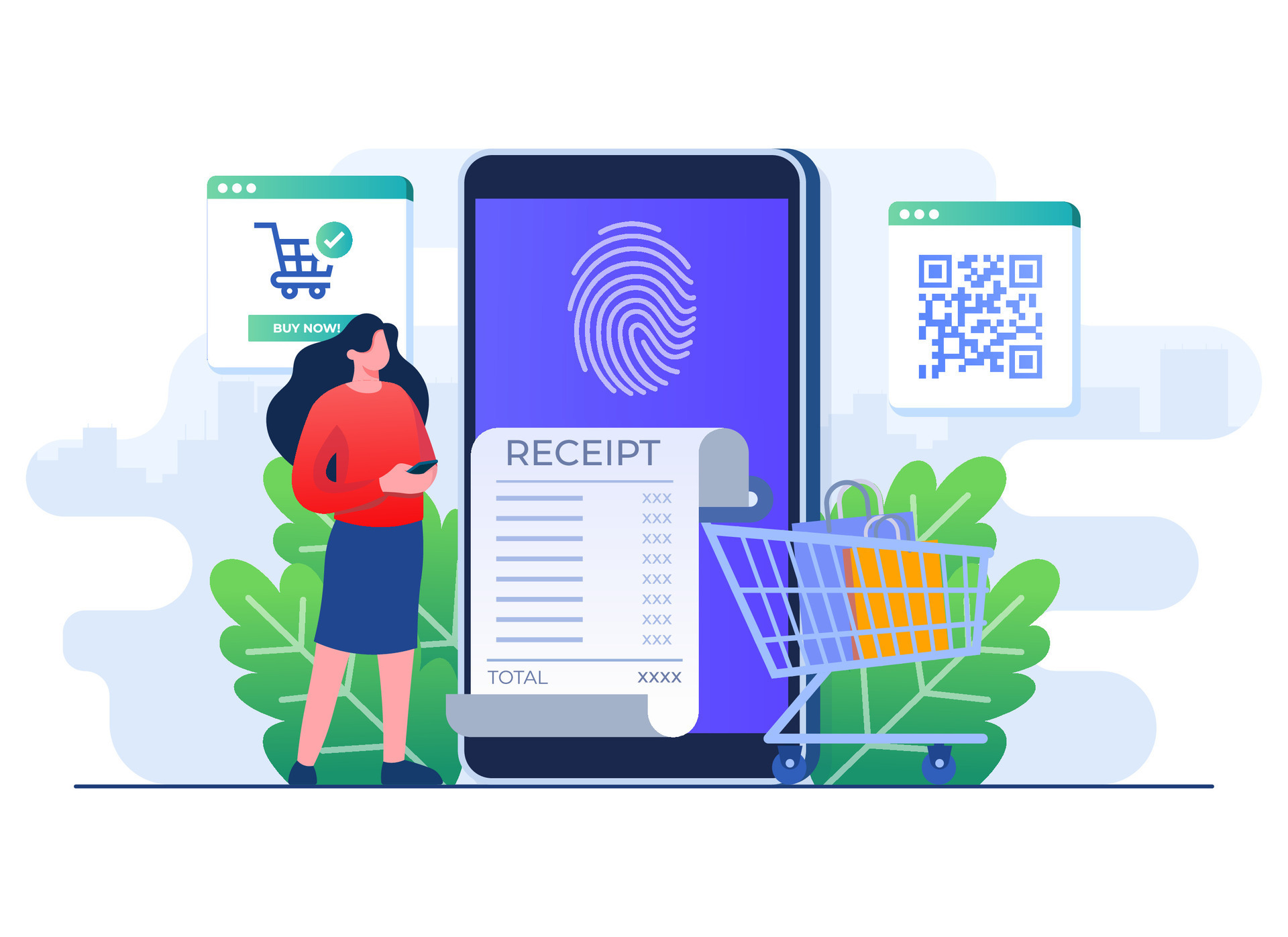 Make Payment With Fingerprint Scanner Secure Payment Transaction Concept Flat Illustration