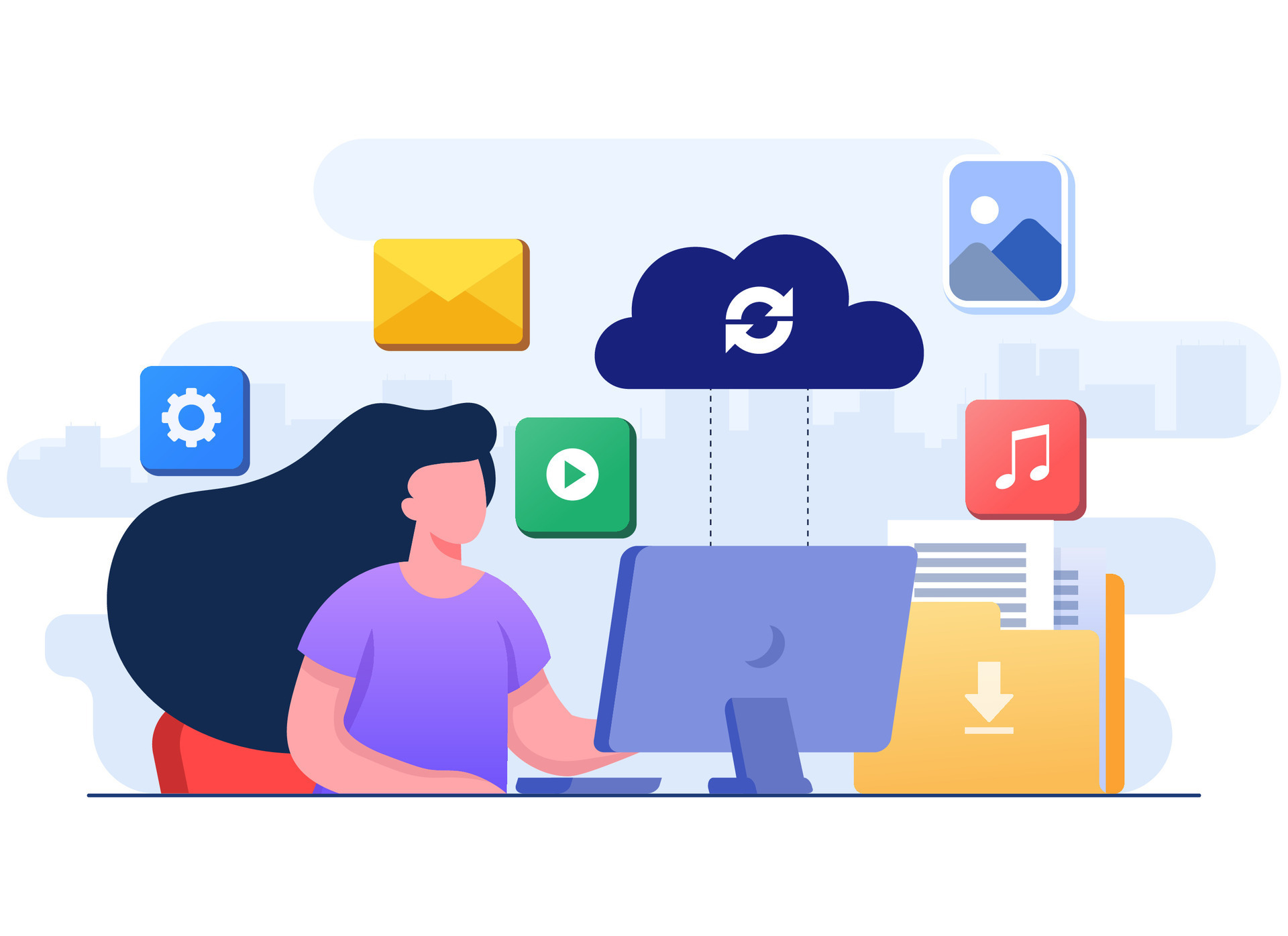 Woman working with cloud computing and database service, Synchronize ... Woman working with cloud computing and database service, Synchronize ...