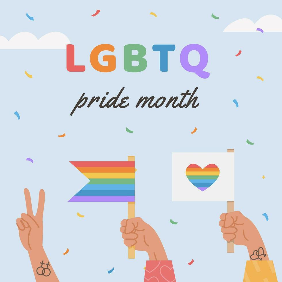 Vector Banner Happy Pride Month People Holding Flags And Placard With