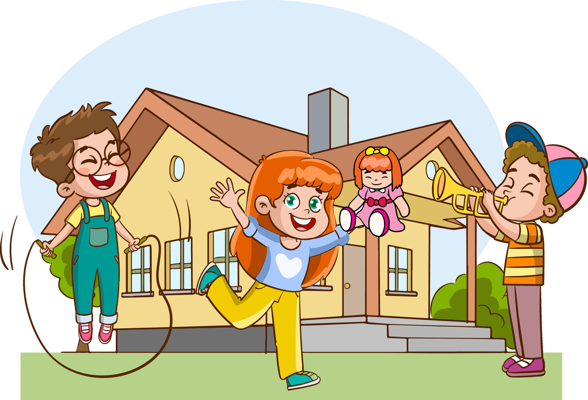 Niños Jugando En El Yarda De Su Casa Dibujos Animados Estilo Vector Ilustración 36327451 Vector