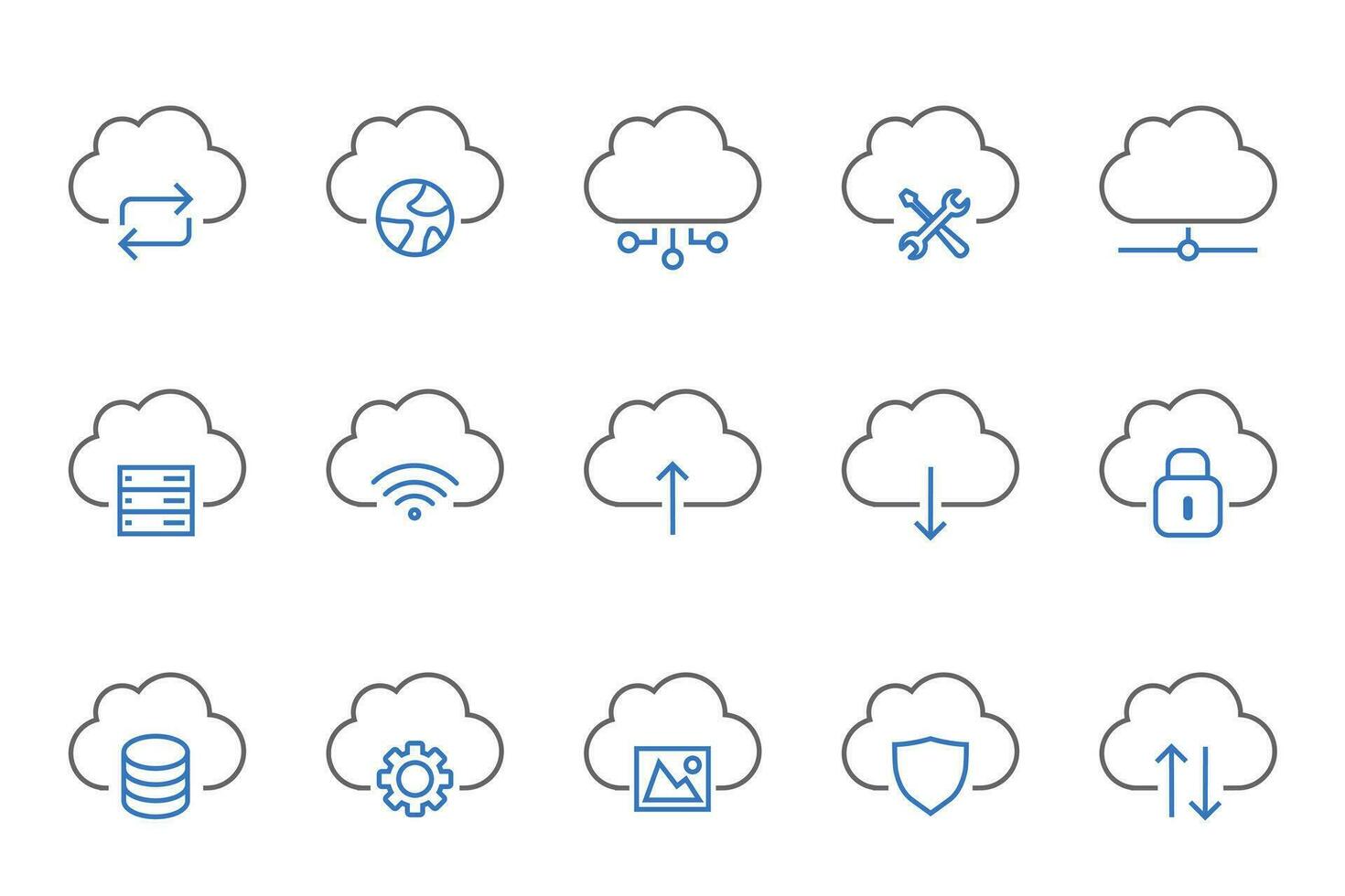 Set of 15 line icons related to data exchange, traffic, files, cloud ...
