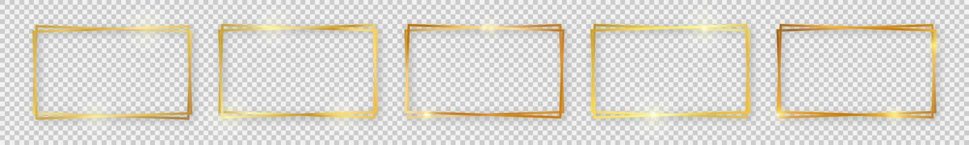 Set of five double gold shiny rectangular frames with glowing effects and shadows on background ...