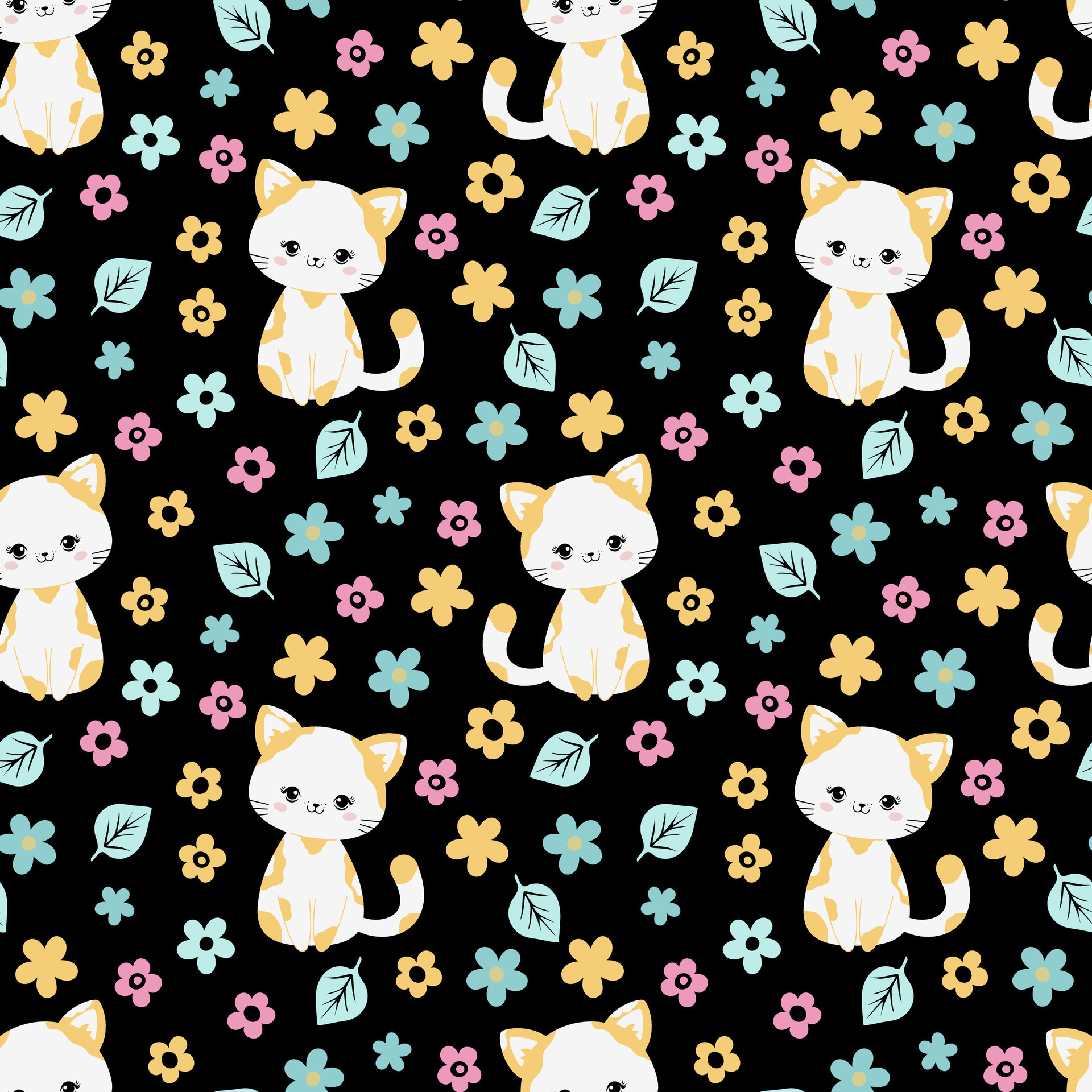 Seamless Cute Cat With Flowers On Black Background 36345143 Vector Art At Vecteezy