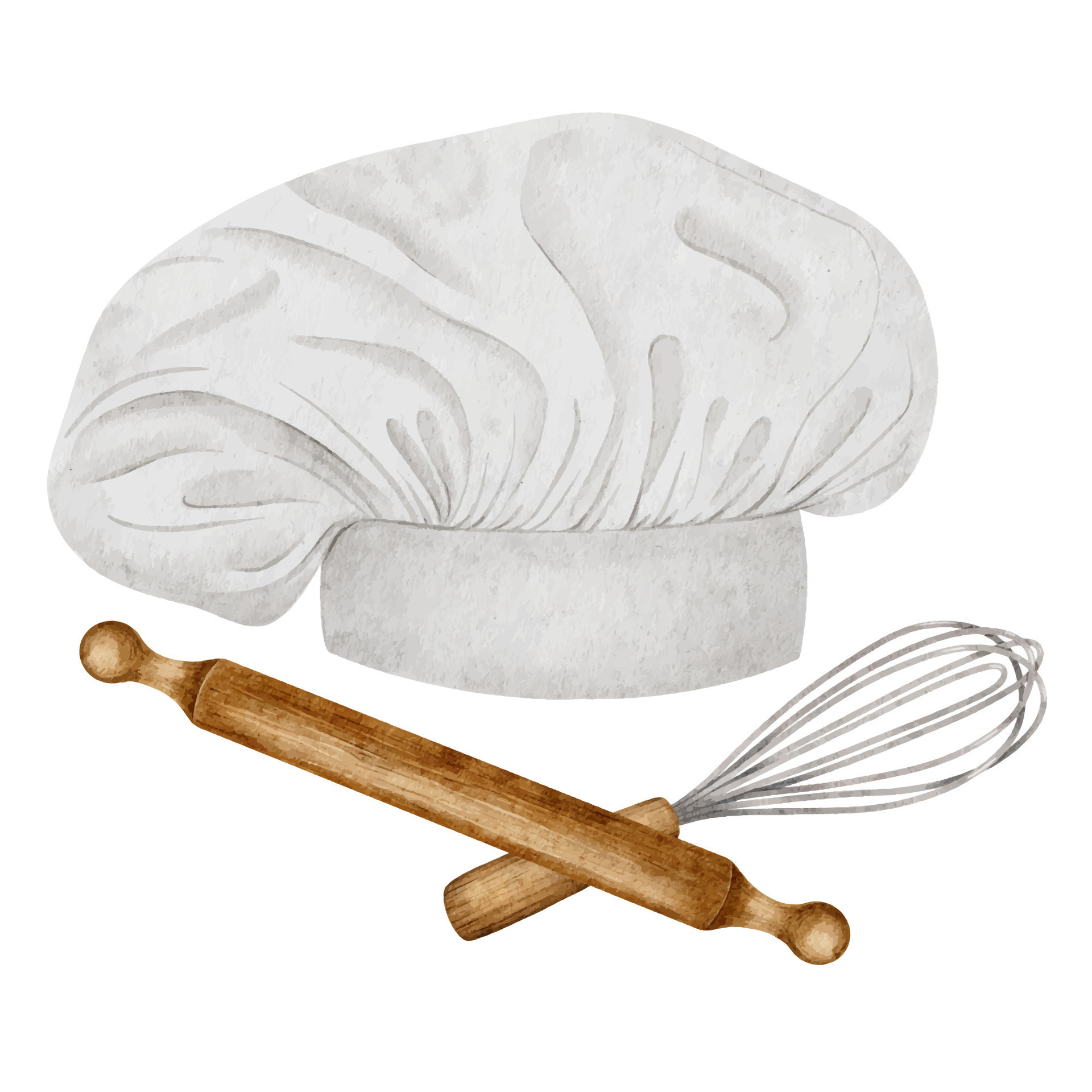 Chef Hat with and kitchen utensils. Wooden whisk and rolling pin ...