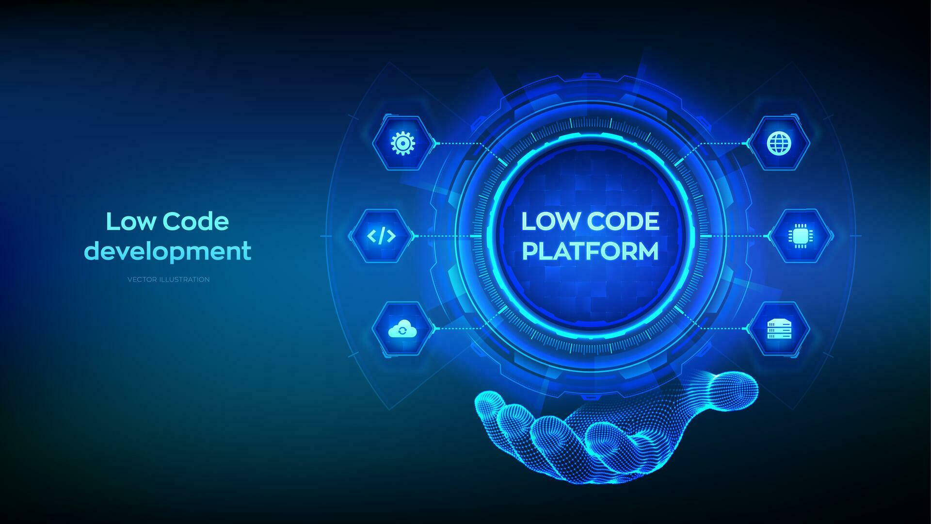Low Code Platform And No Code Development Technology Concept In Wireframe Hand Lcdp And Ncdp