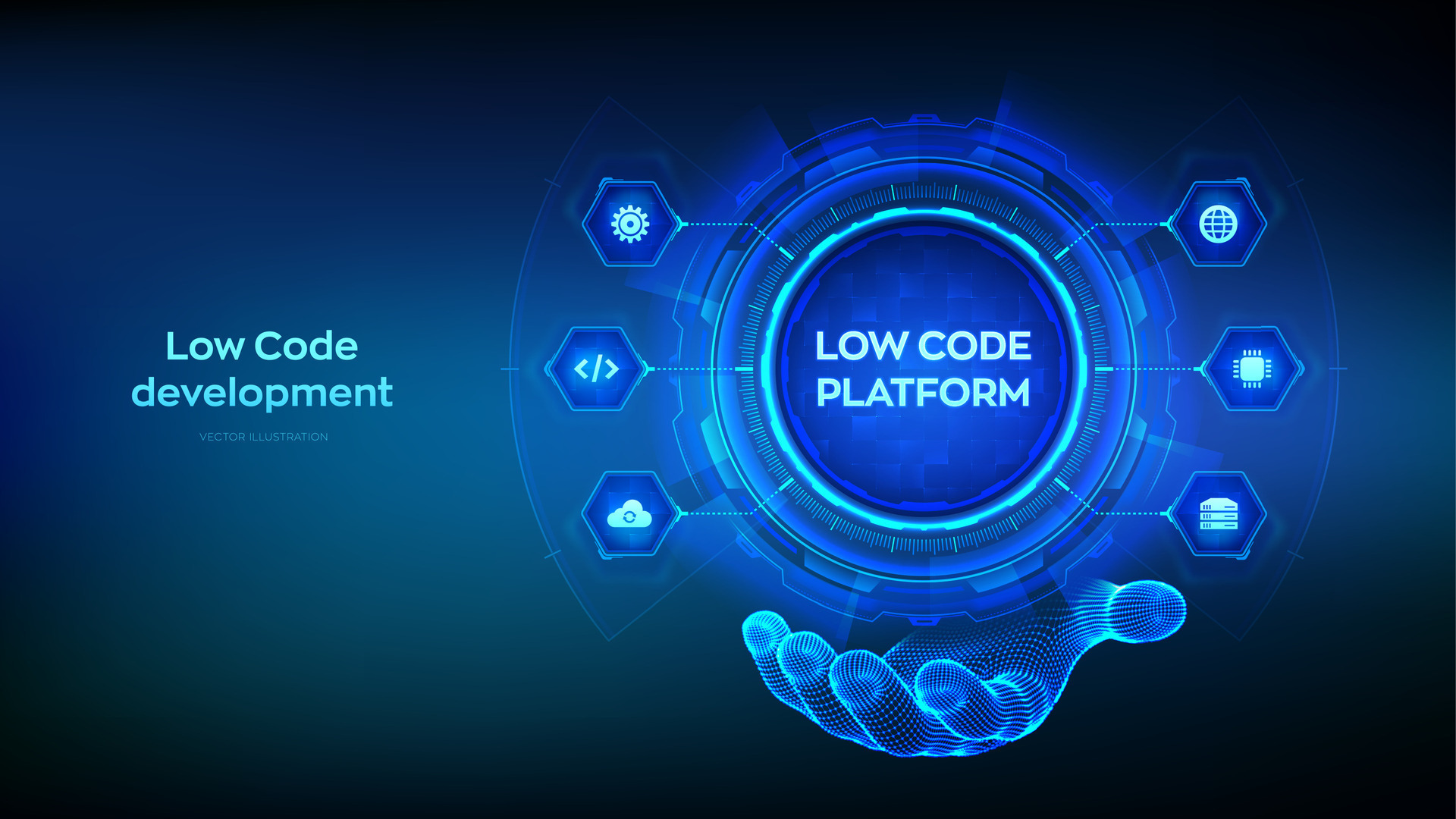 Low code platform and No Code development technology concept in wireframe hand. LCDP and NCDP ...