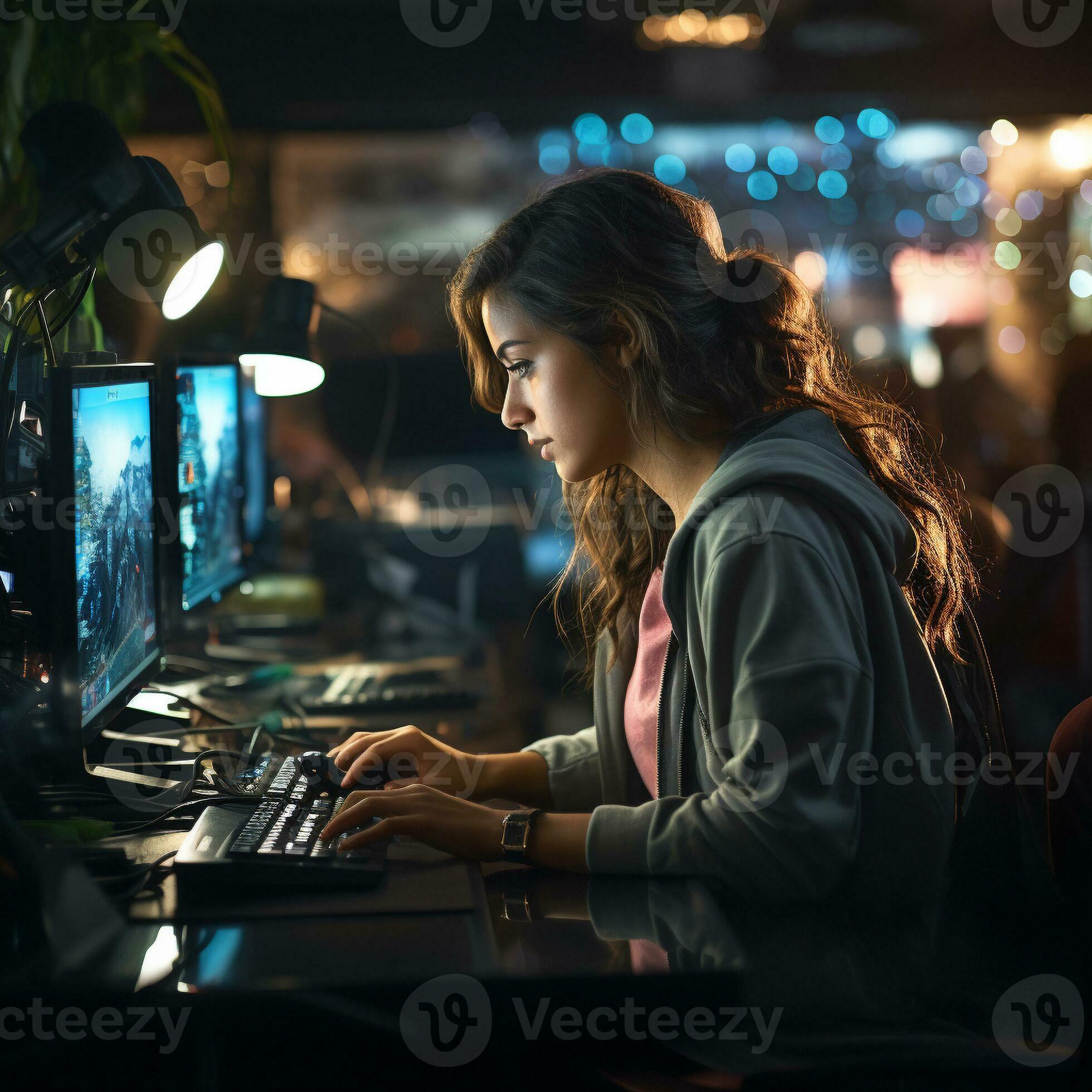AI generated Young girl programmer writing code on the keyboard, in the ...