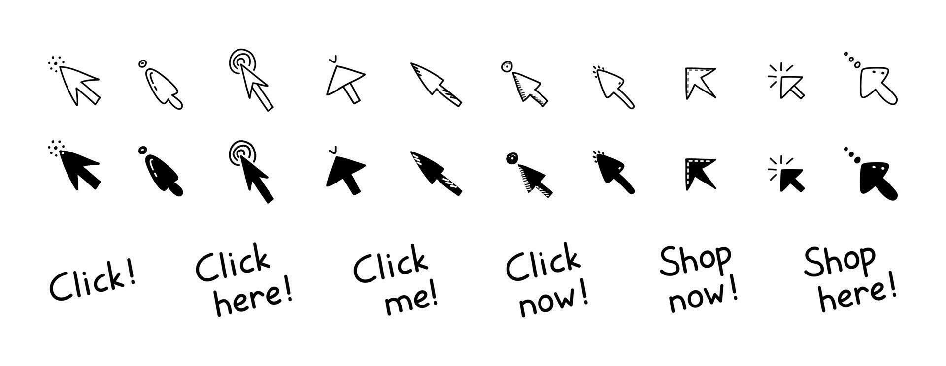 Doodle click here button set. Different mouse cursors with lettering for website or computer ...