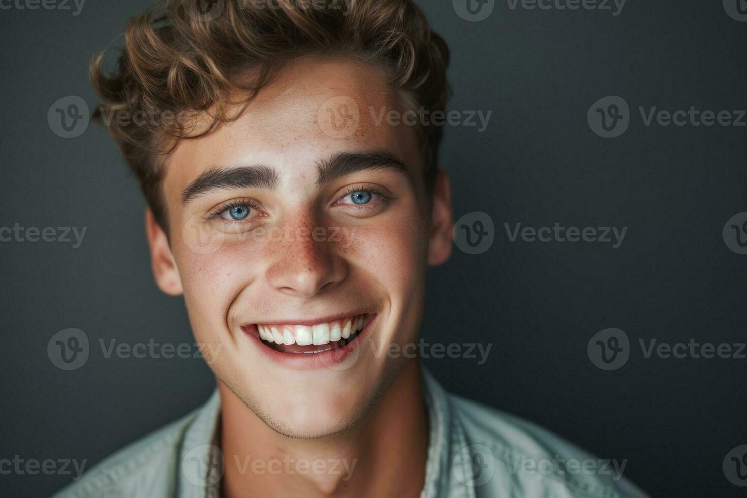 AI generated A bright and engaging studio portrait of a young white ...