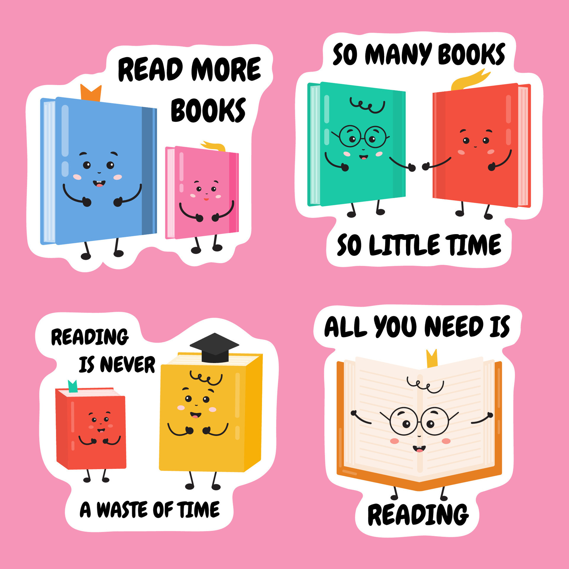 Set of motivational stickers, quotes about books. I love books, reading ... Set of motivational stickers, quotes about books. I love books, reading ...