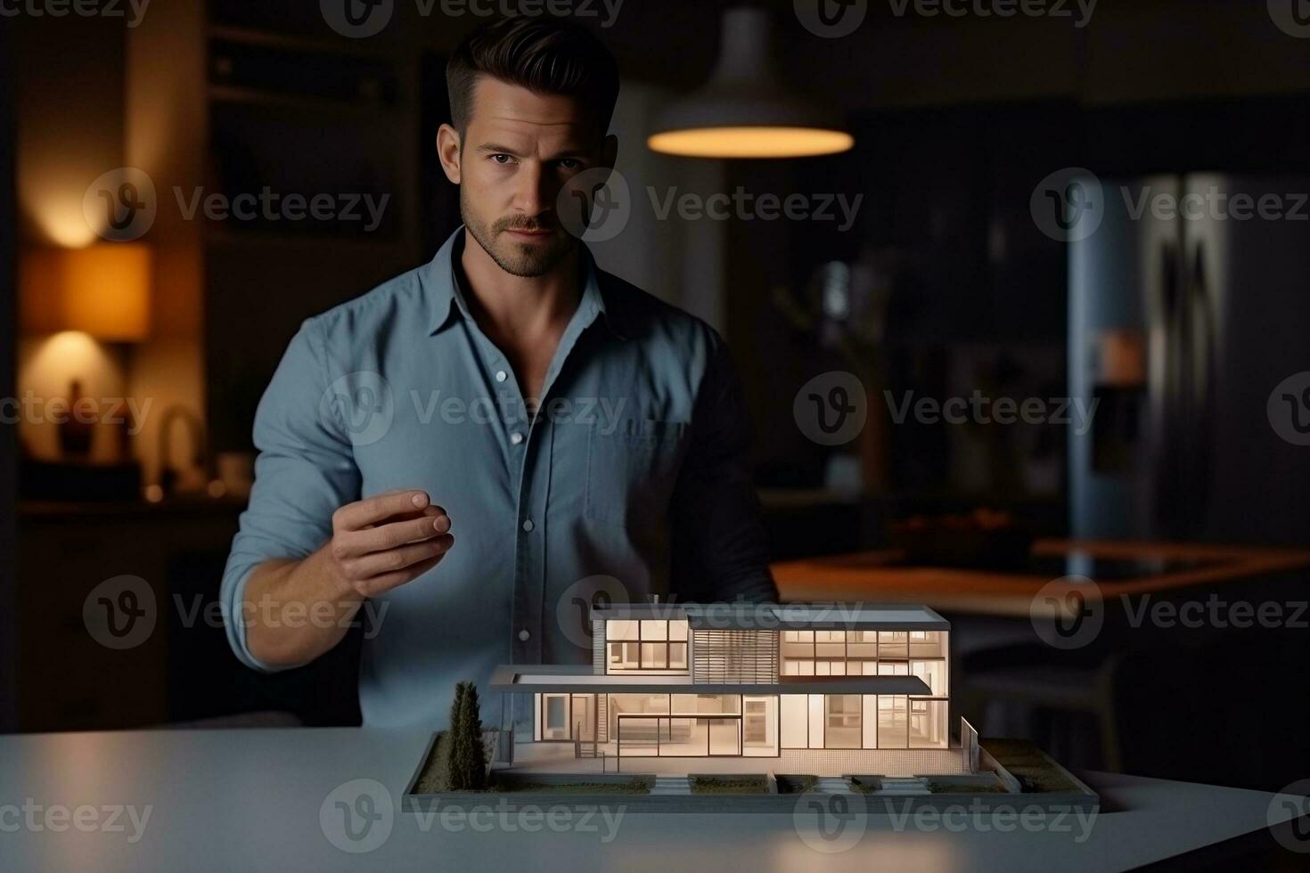 AI generated An architect near a model of a modern house. 36366180 ...