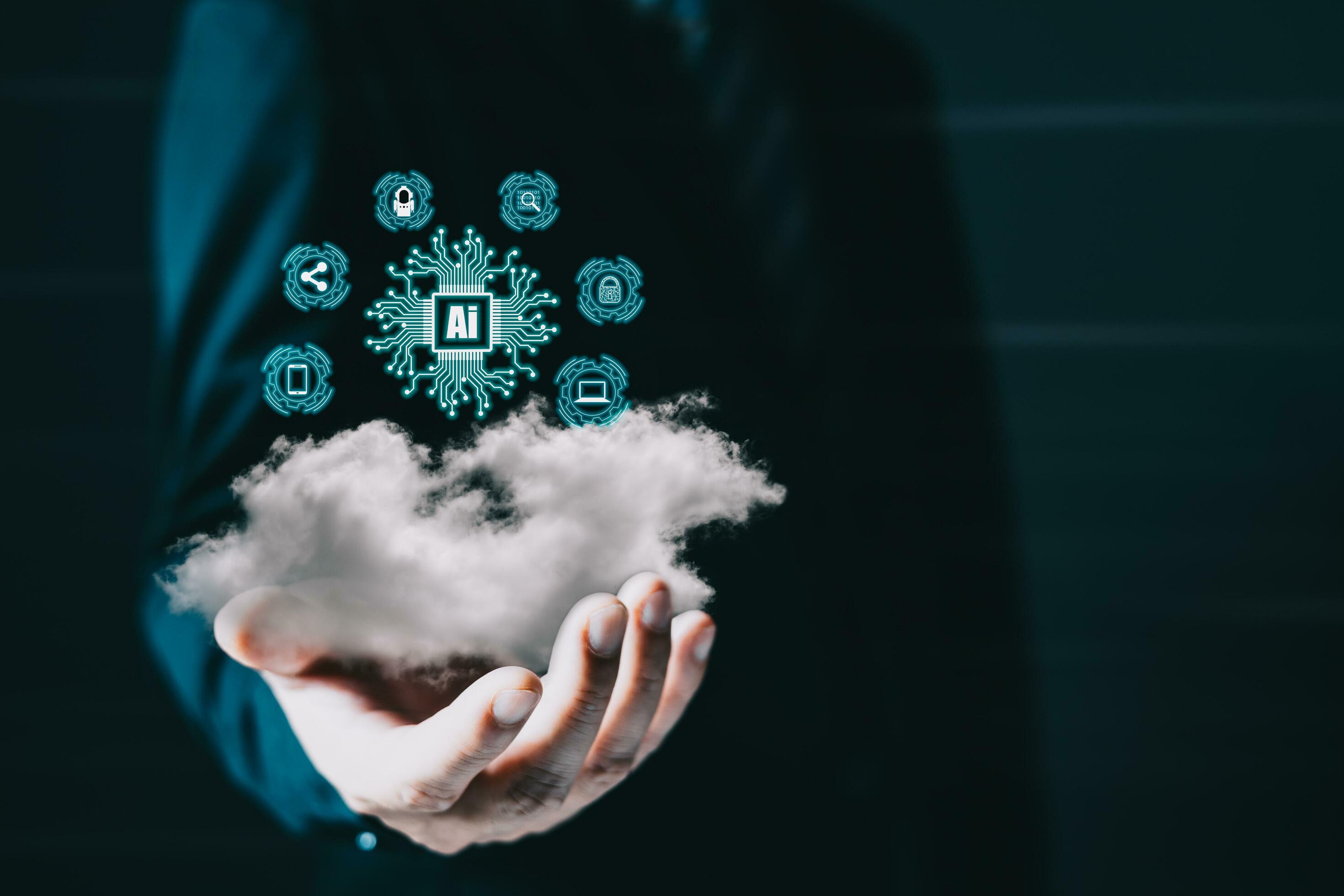 Man Hold Cloud Computing System Diagram Show On Handdata Storage