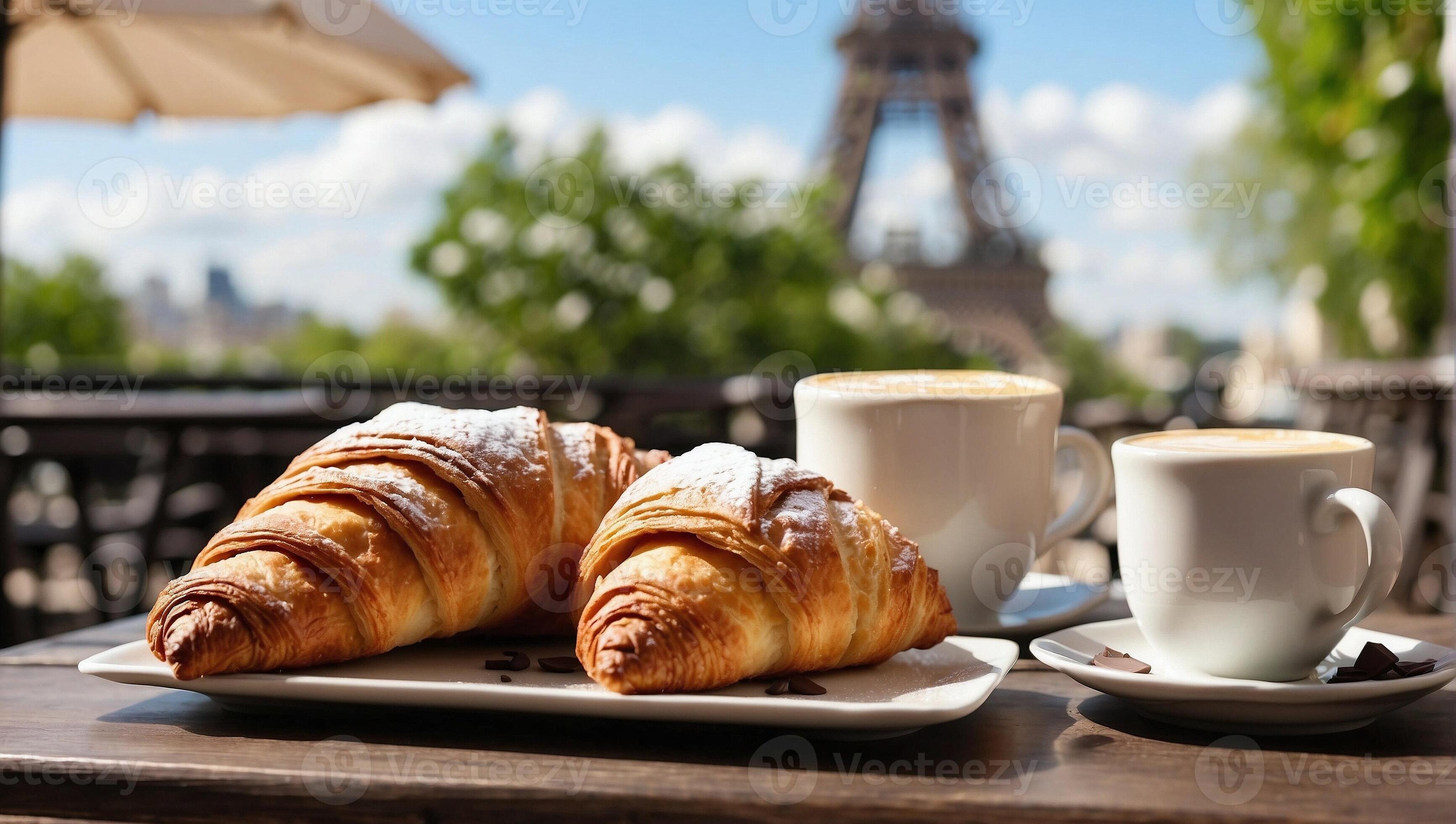 AI generated Delicious crispy French croissants with cappuccino in the French cafe outside view ...
