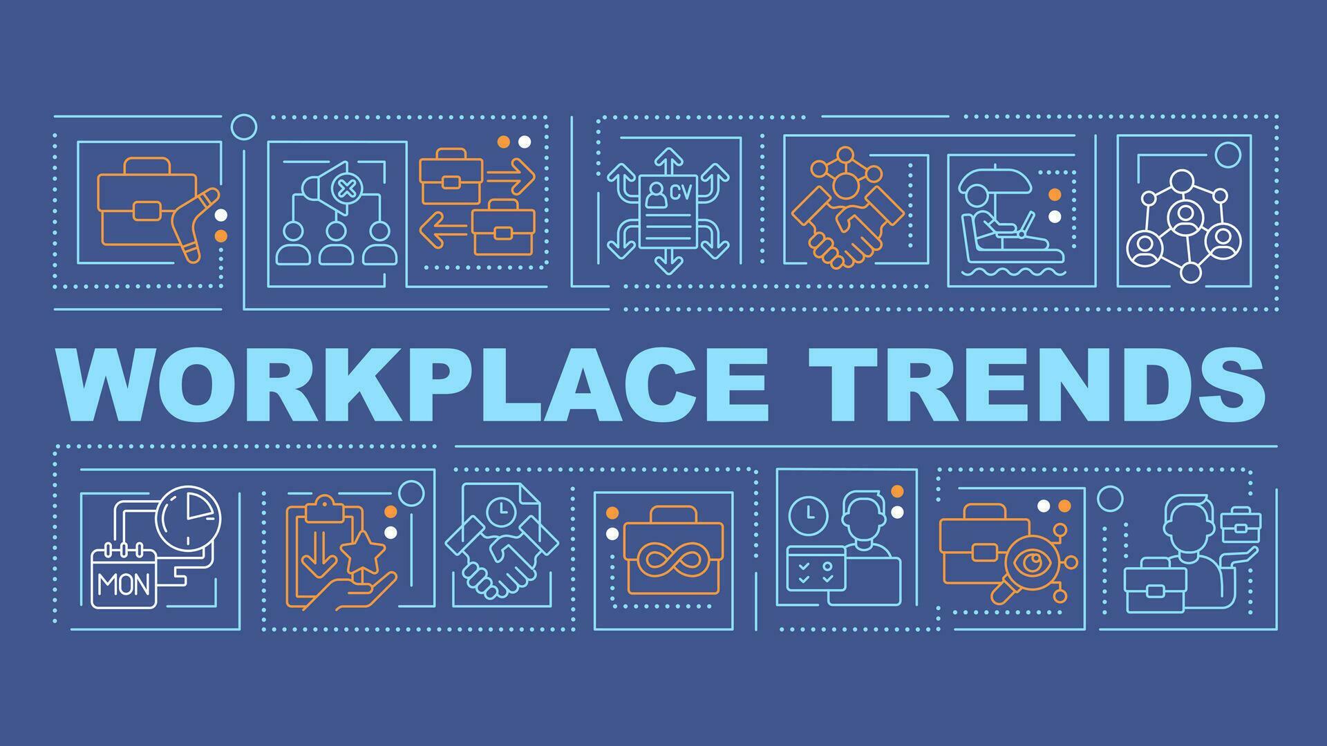 Workplace trends text with various creative thin linear icons concept on dark blue monochromatic ...