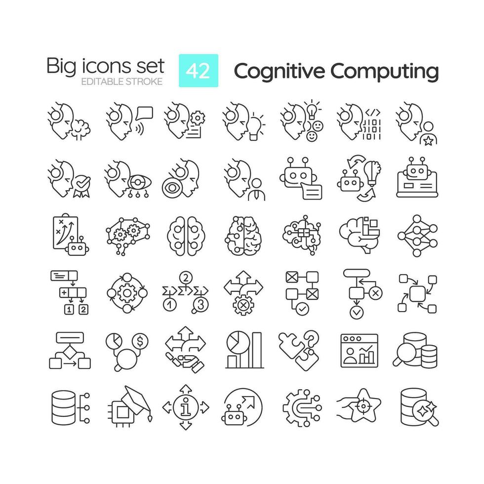 2D editable black big thin line icons set representing cognitive computing, isolated simple ...