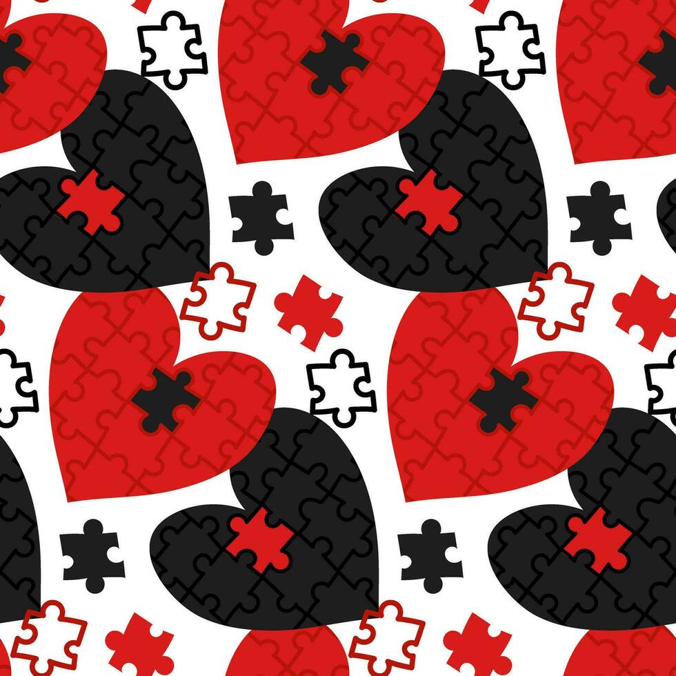 Seamless pattern with a heart-shaped puzzle and colored missing parts ...