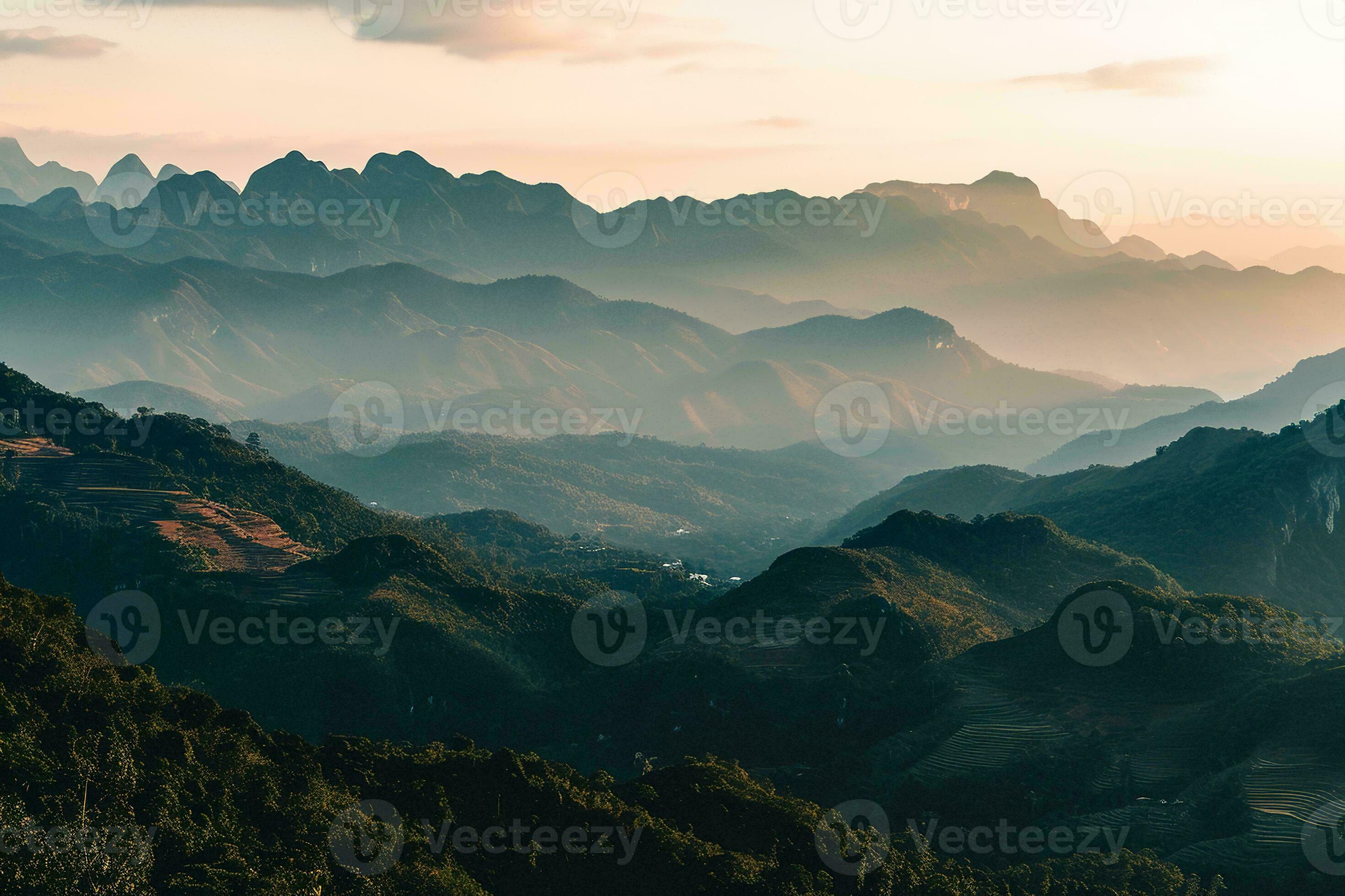 AI generated a breathtaking view of layered mountains veiled in mist ...
