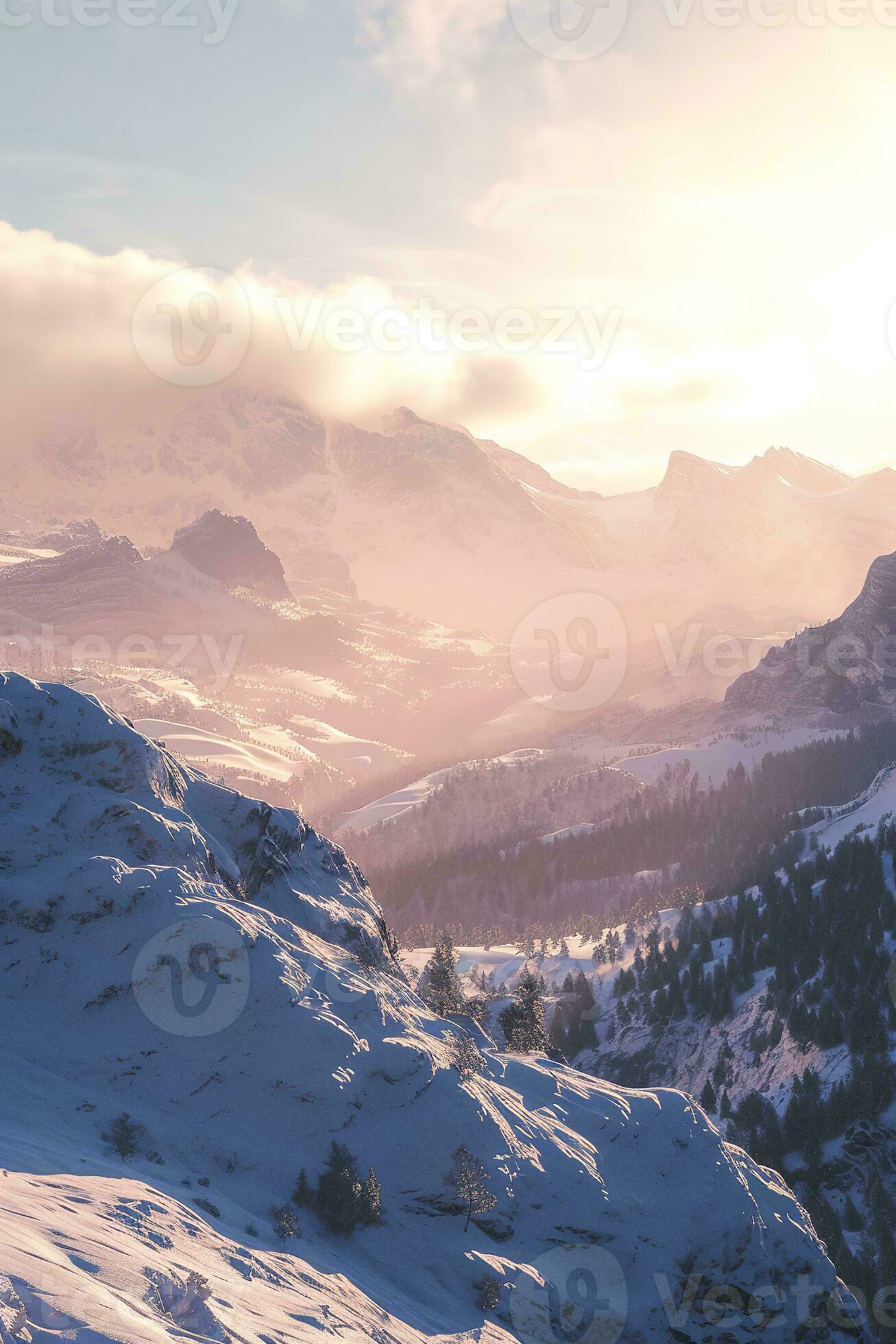 AI generated Majestic mountains covered in snow, illuminated by a ...