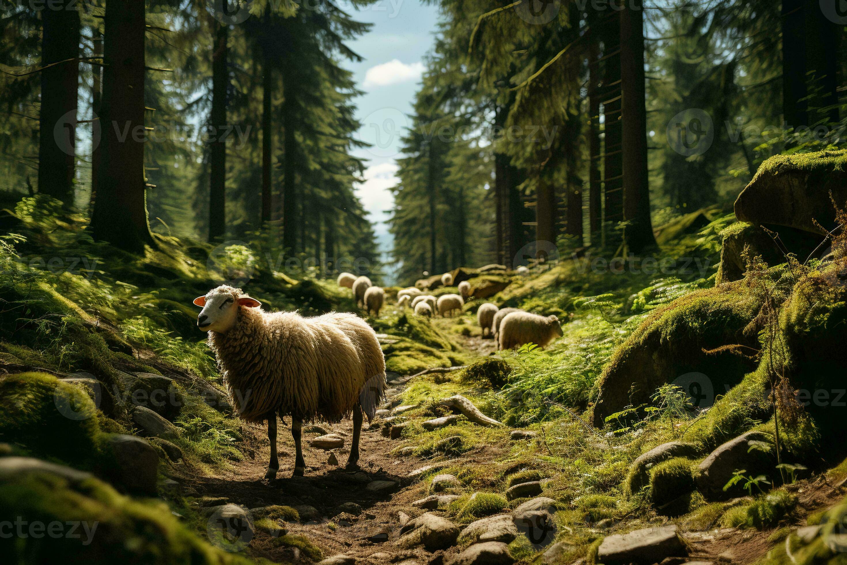 Ai Generated A Flock Of Sheep Wandering Amidst A Serene Forest With